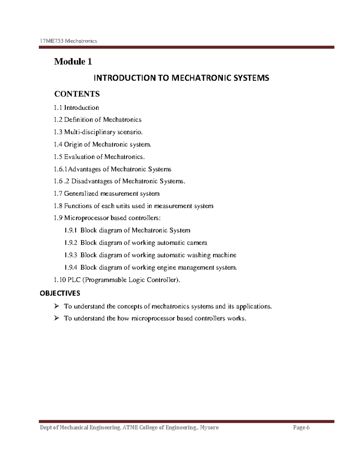 18ME744 - Module 1 INTRODUCTION TO MECHATRONIC SYSTEMS CONTENTS 1 ...