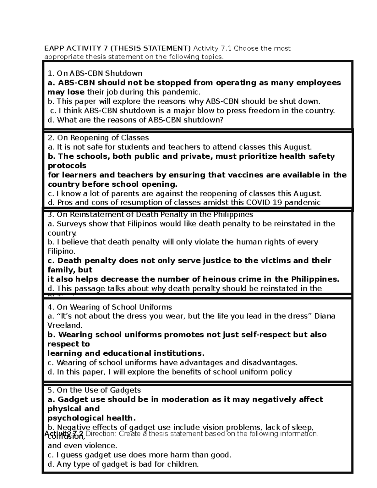 EAPP Lesson 5 Activity 7 - EAPP ACTIVITY 7 (THESIS STATEMENT) Activity ...