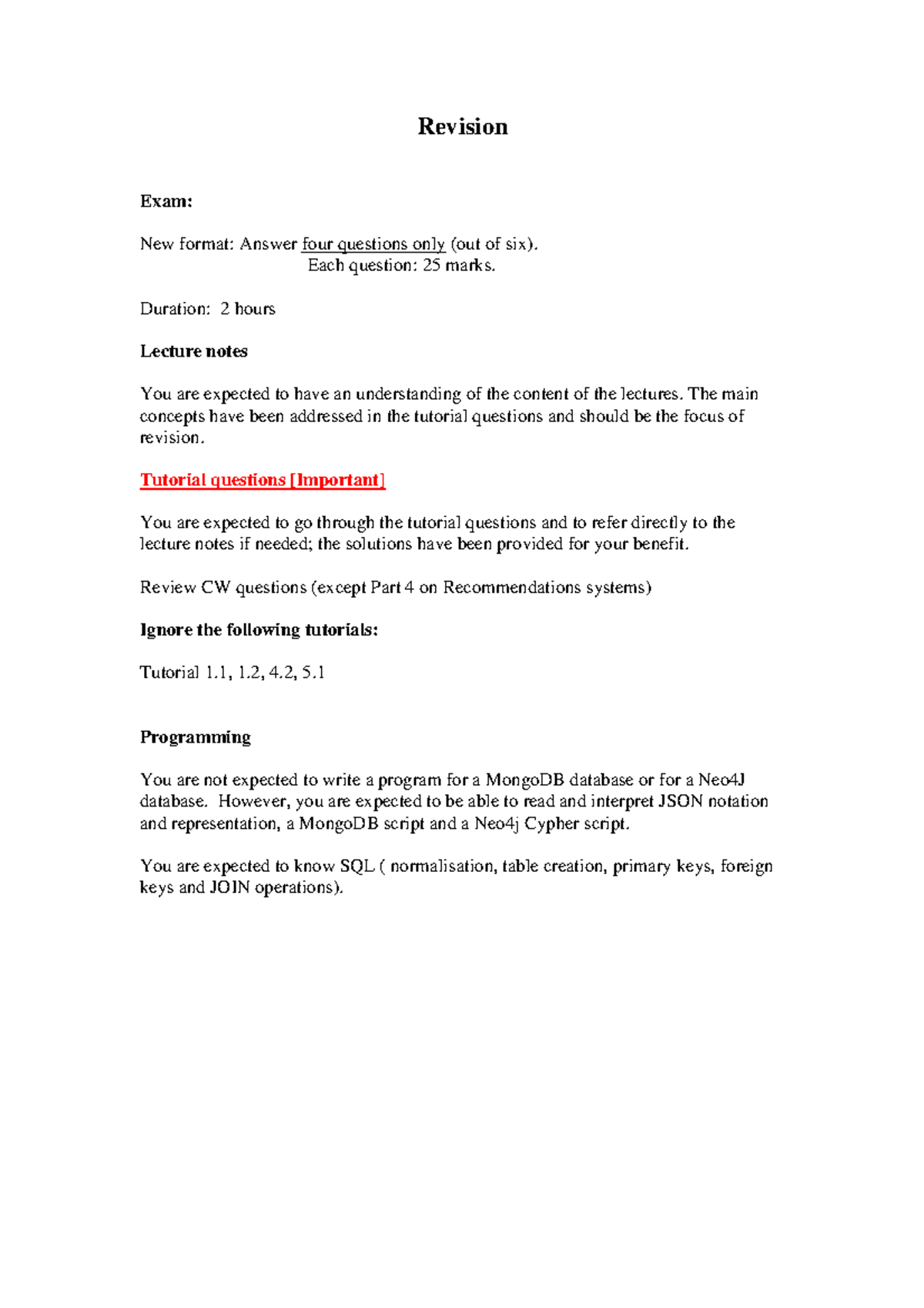 Revision - Guide on what to revise for. - Revision Exam: New format ...