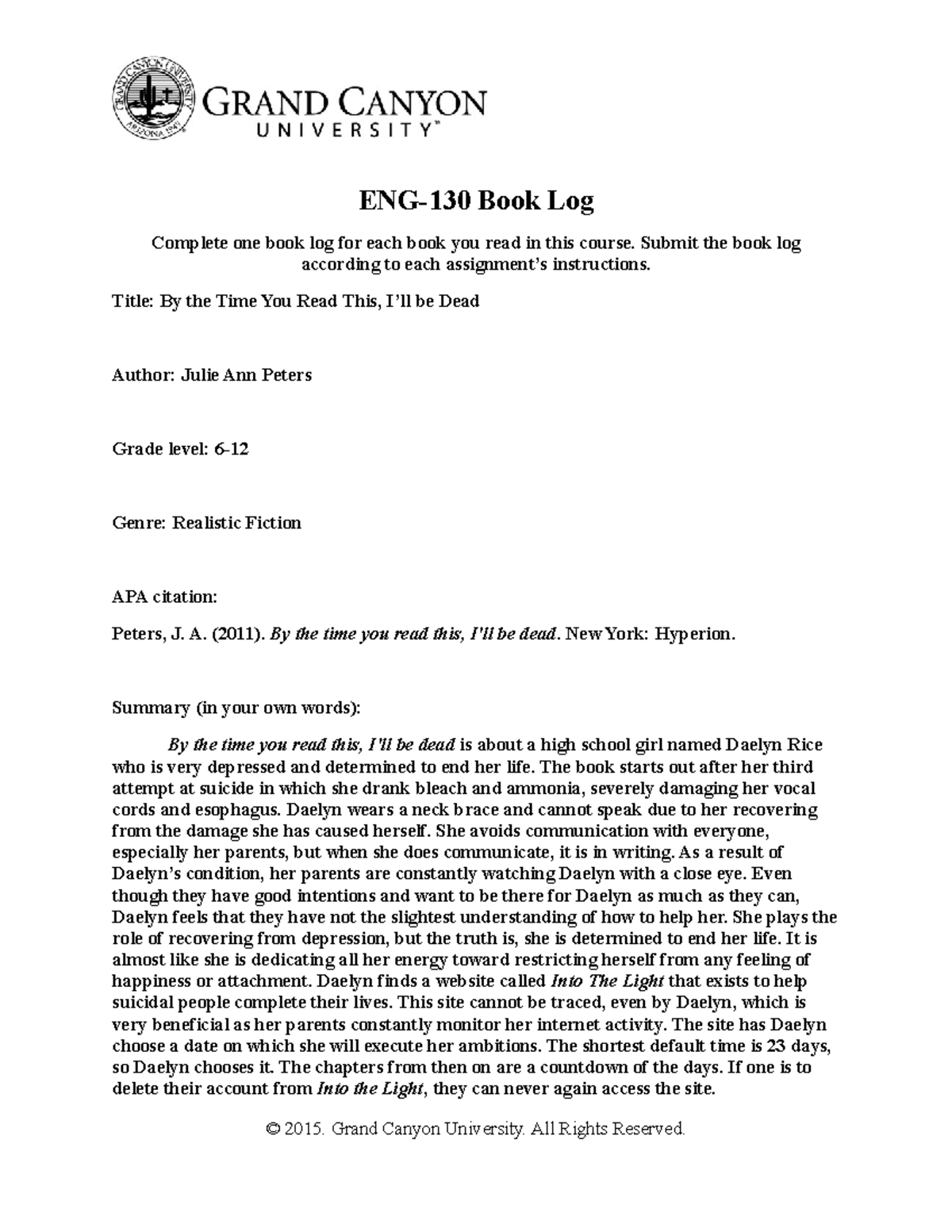 ENG 130 Final Project Book Log - ENG-130 Book Log Complete one book log ...