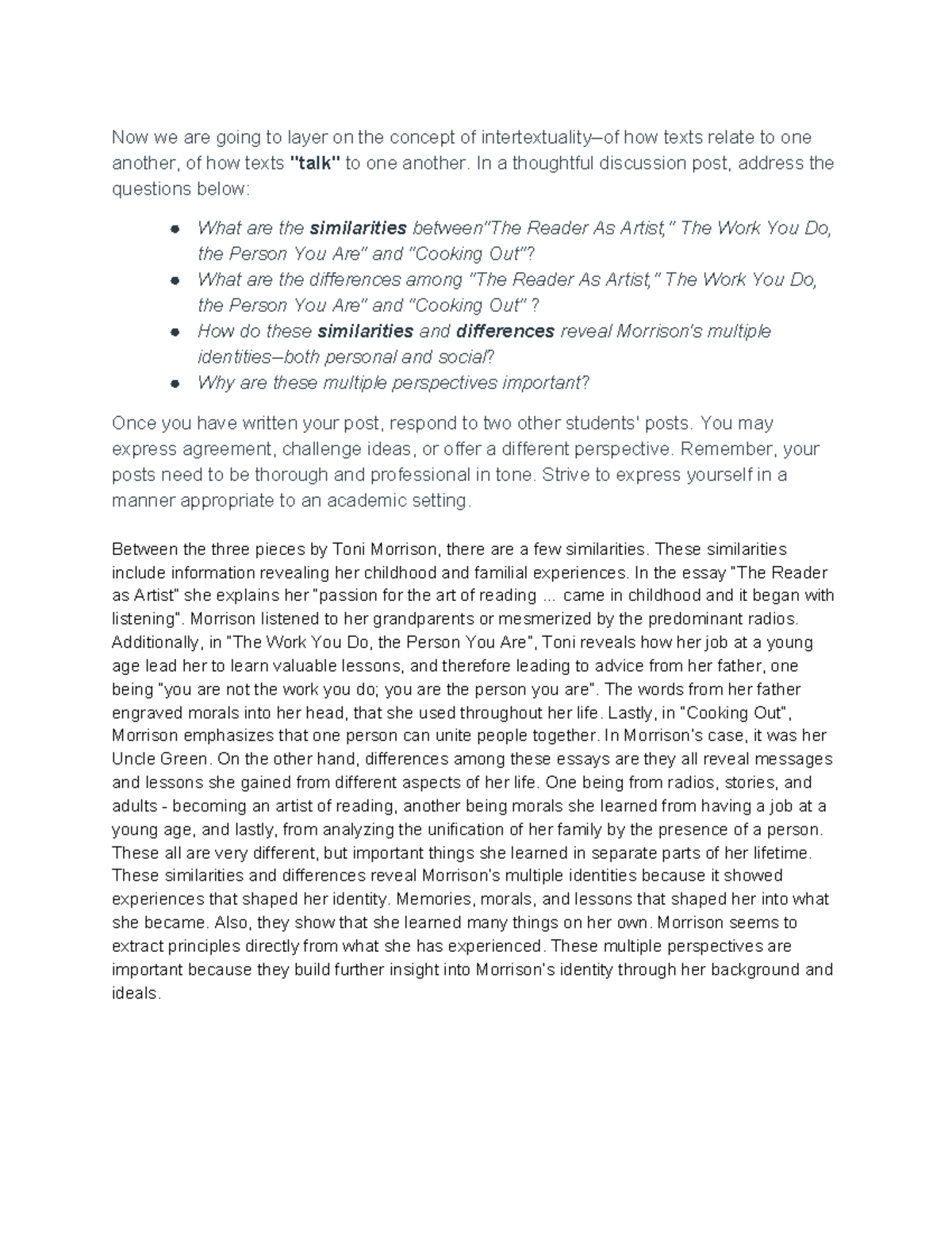 Toni Morrison Essays - Grade: B+ - Now we are going to layer on the ...