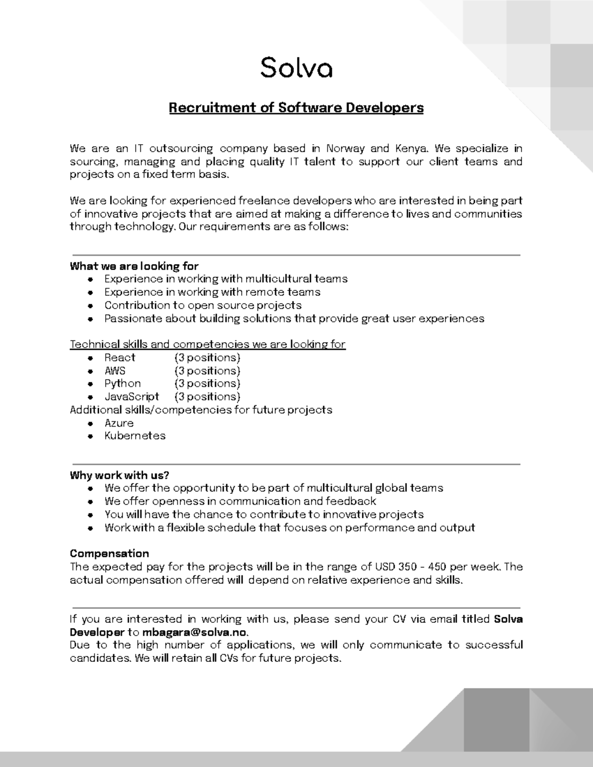 Solva Software Developers Advert - Solva Recruitment of Software ...