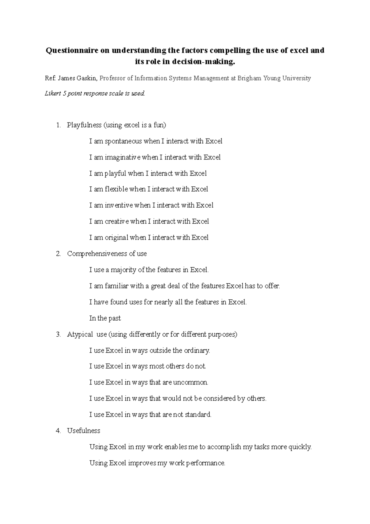 Questionnaire Excel Analysis Questionnaire On Understanding The