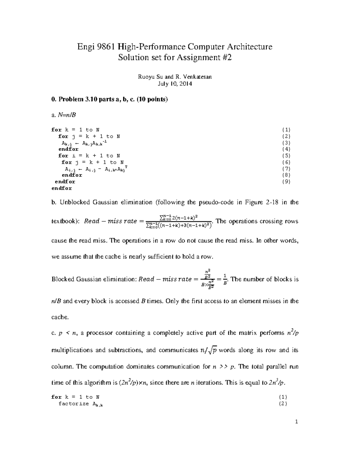 Assign #2 Solution 2014 - Engi 9861 High-Performance Computer Architecture Solution set for ...