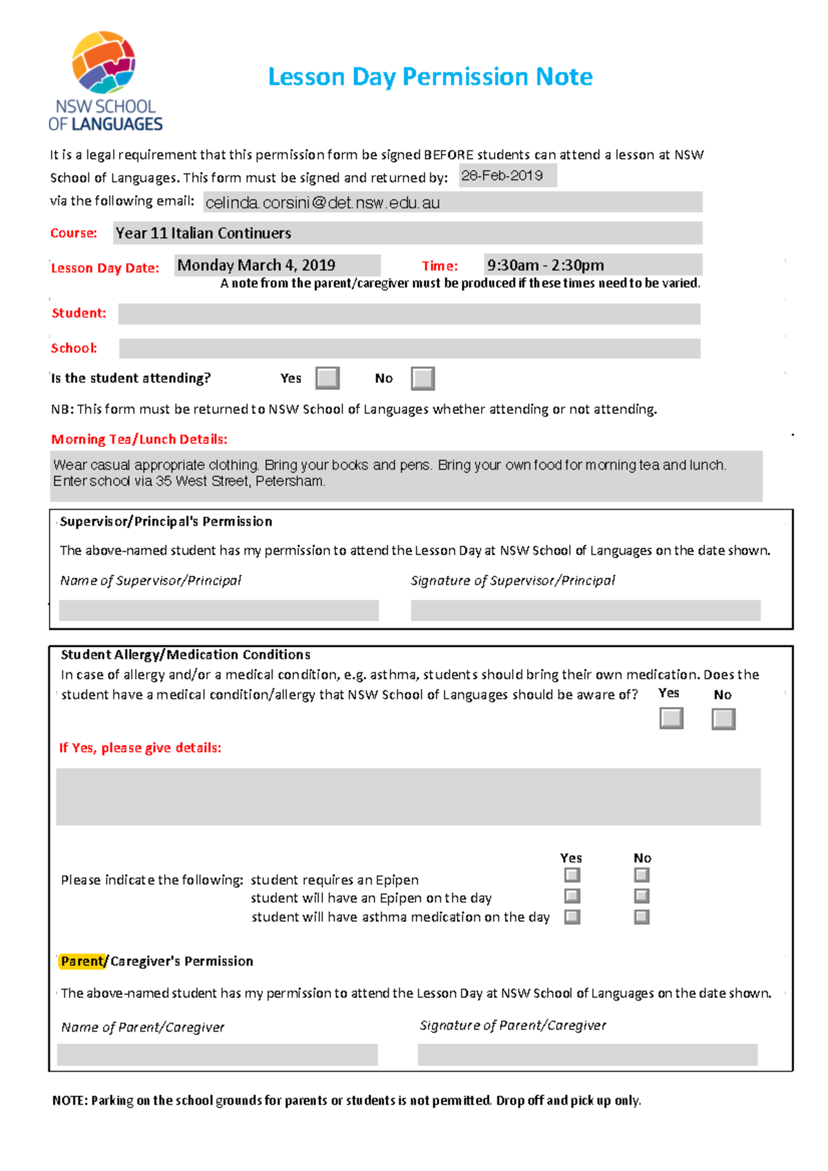 11ITC Lesson Day Permission Note Term1 2019 CCors - Lesson Day ...