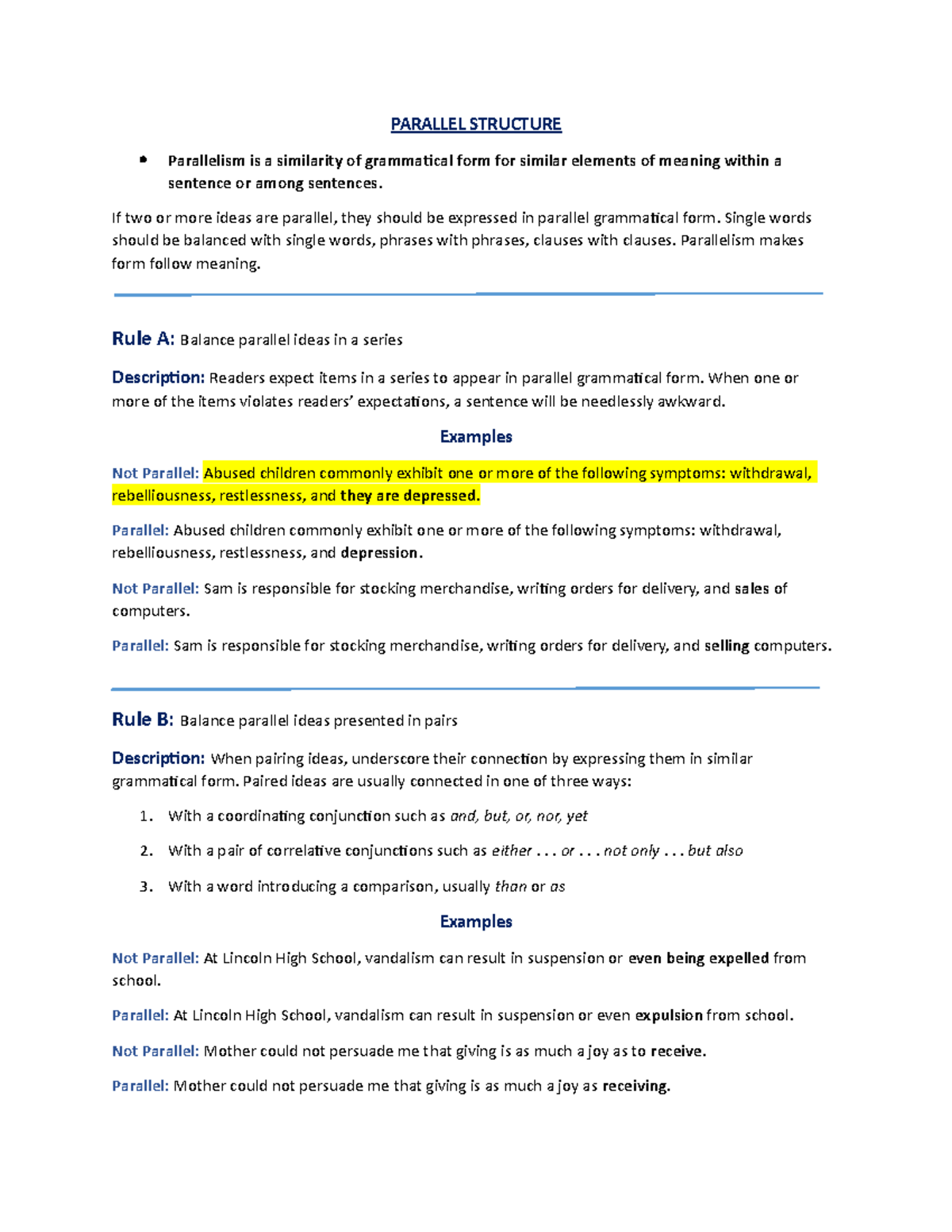 About Parallel Structure - PARALLEL STRUCTURE Parallelism is a ...