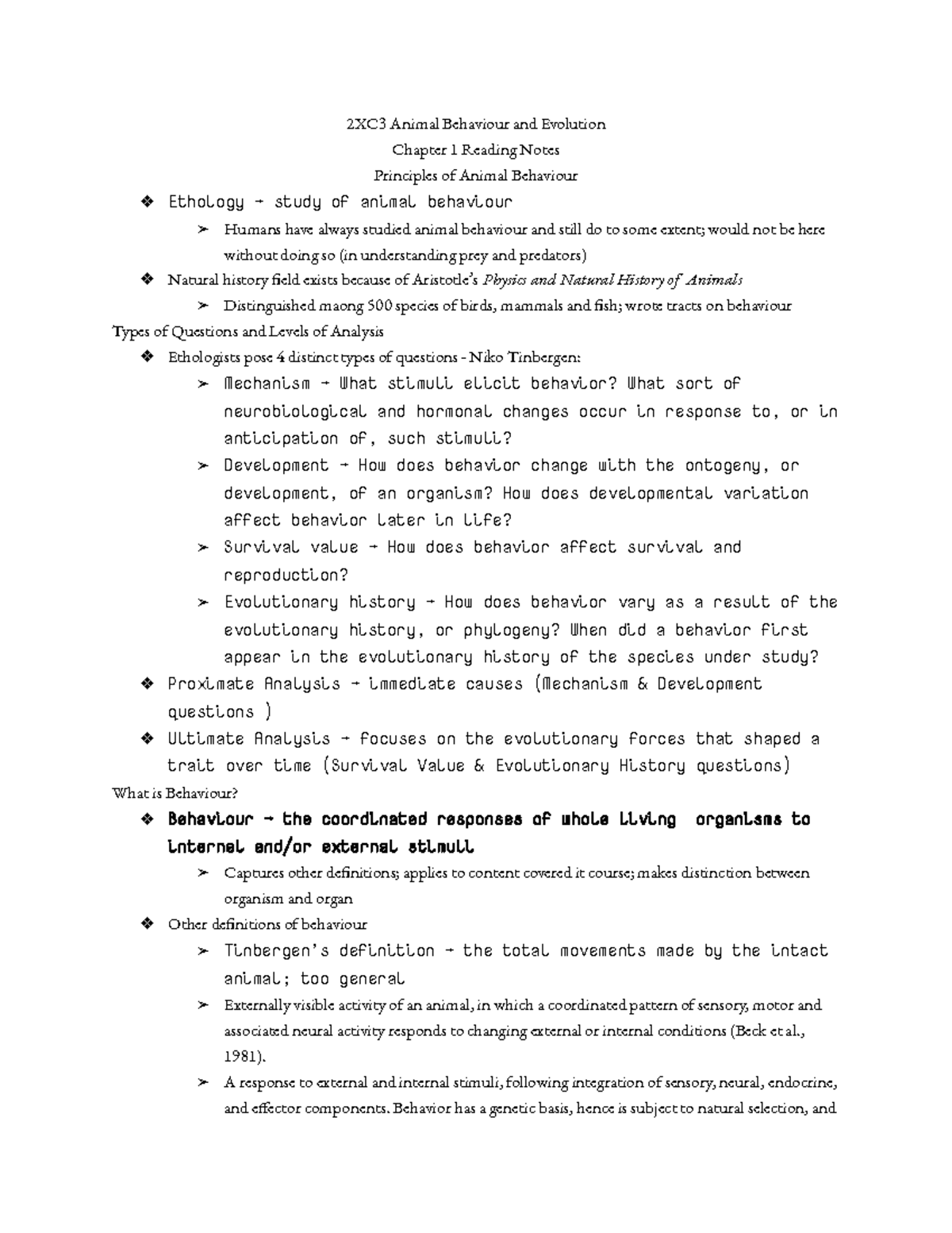 WEEK 2 Reading Notes - Chapter 1 Principles of Animal Behaviour - 2XC3 ...