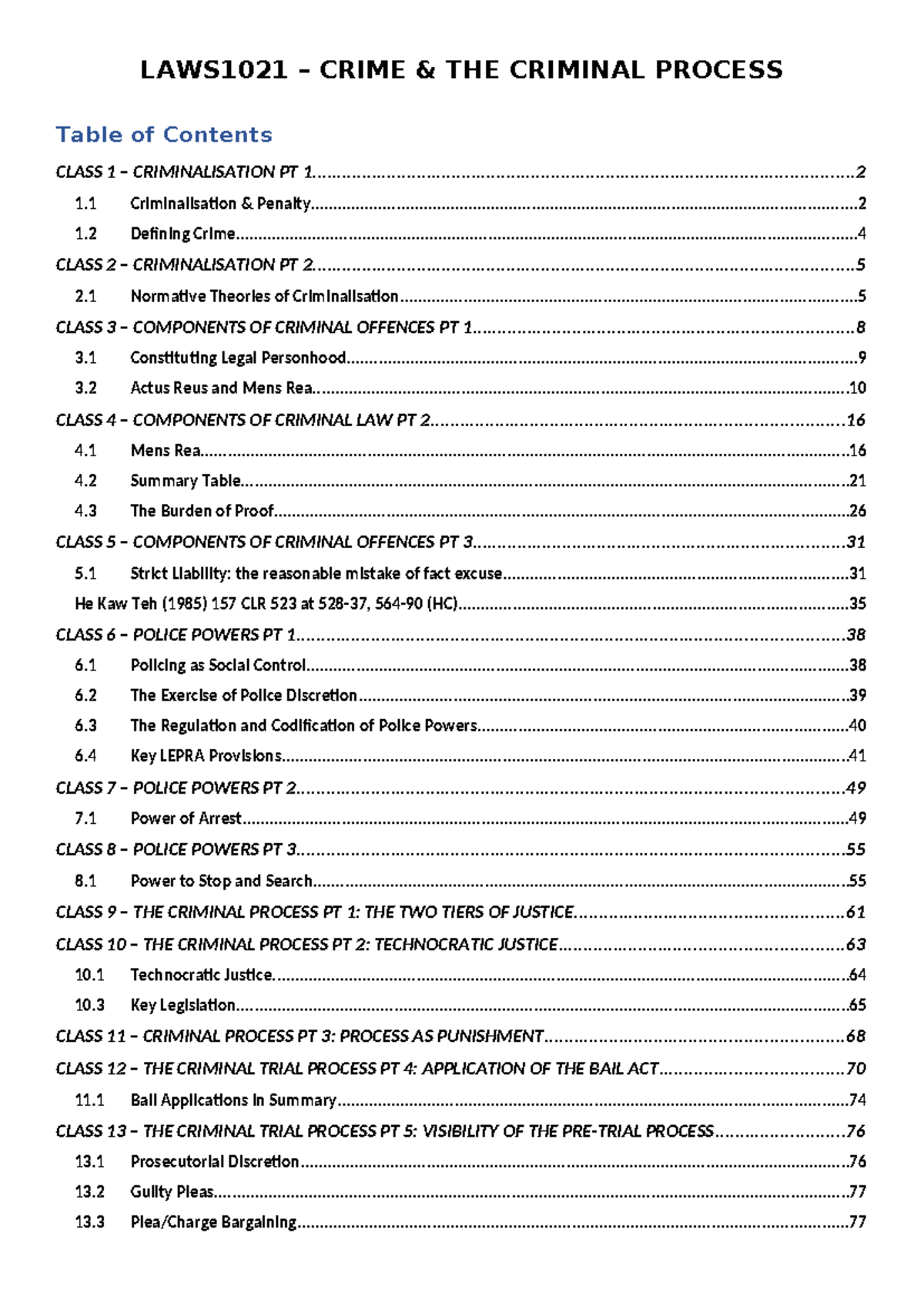LAWS1021 Notes - LAWS1021 – CRIME & THE CRIMINAL PROCESS CLASS 1 ...