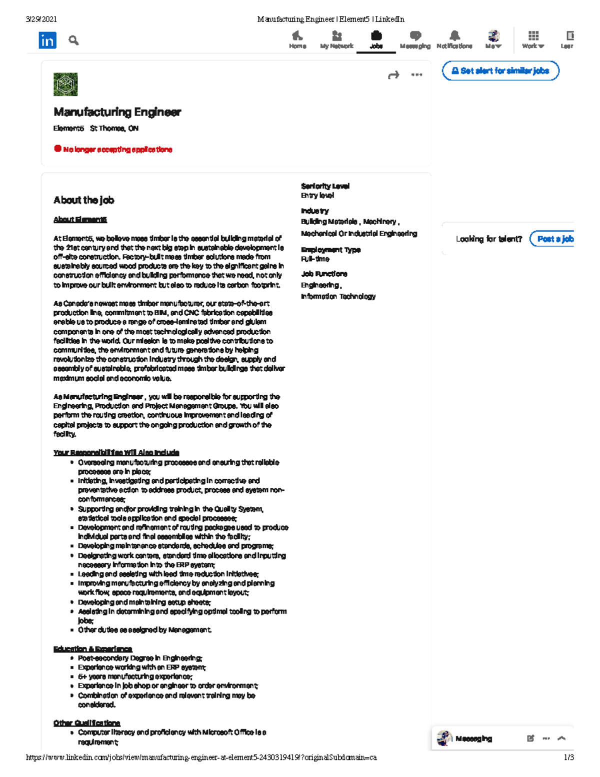 Manufacturing Engineer Element 5 Linked In - 3/29/2021 Manufacturing Engineer | Element5 ...