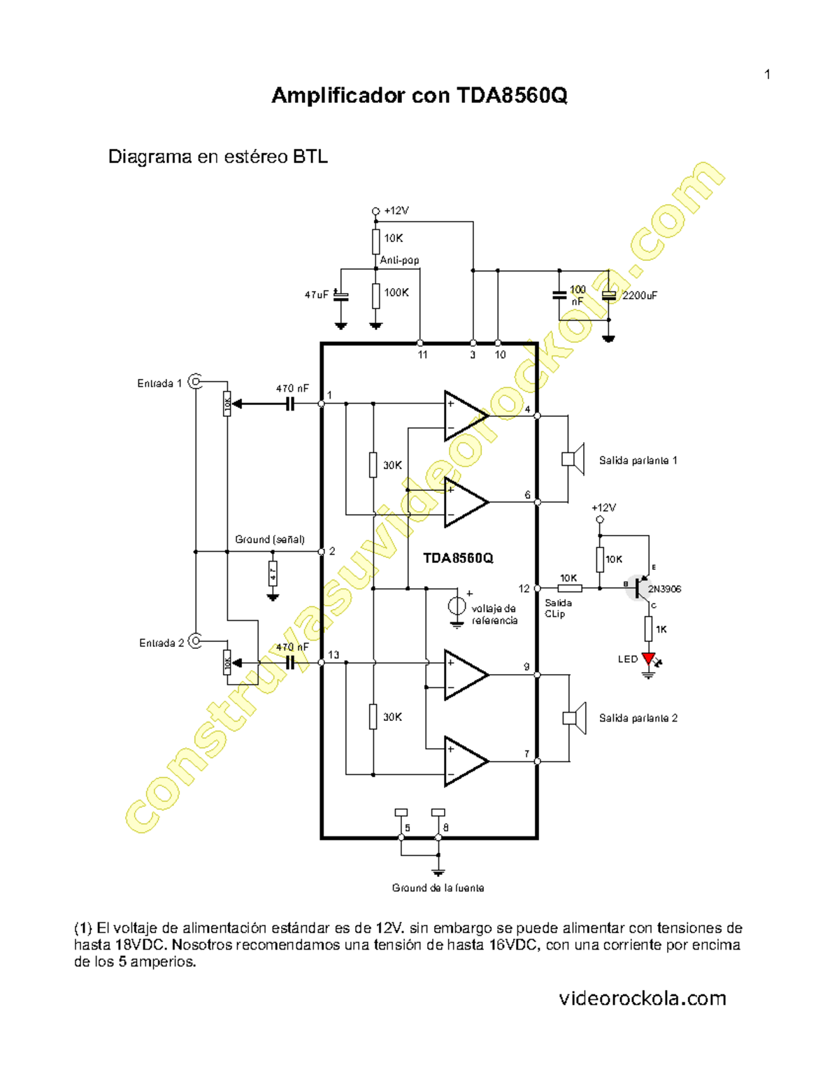 Tda8560q - construyasuvideorockola Diagrama en estéreo BTL 100 nF Anti-pop 11 3 10 470 nF 1 4 6 ...