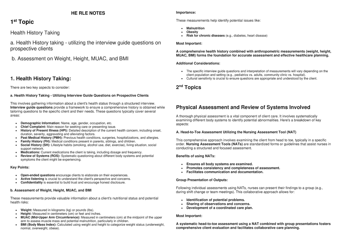 Inbound 7730234462636764084 - HE RLE NOTES 1 st Topic Health History ...