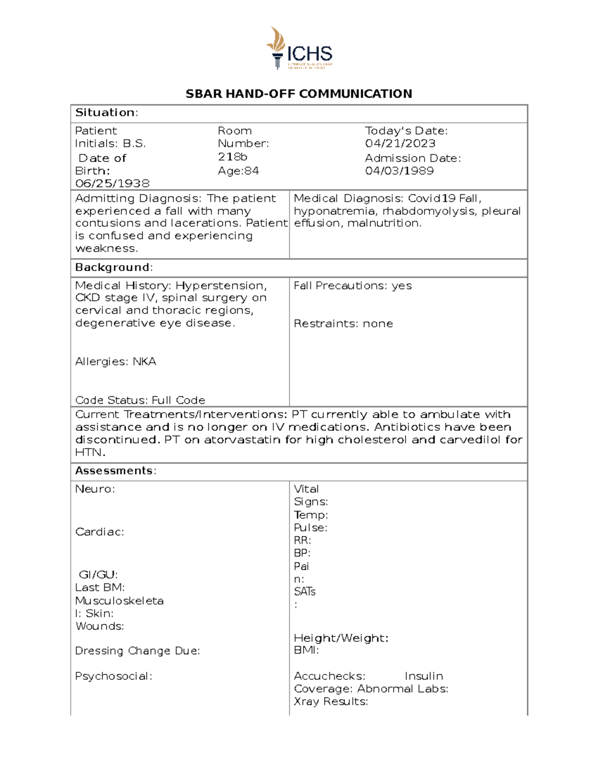 ICHS SBAR Careplan Template - SBAR HAND-OFF COMMUNICATION Situation ...