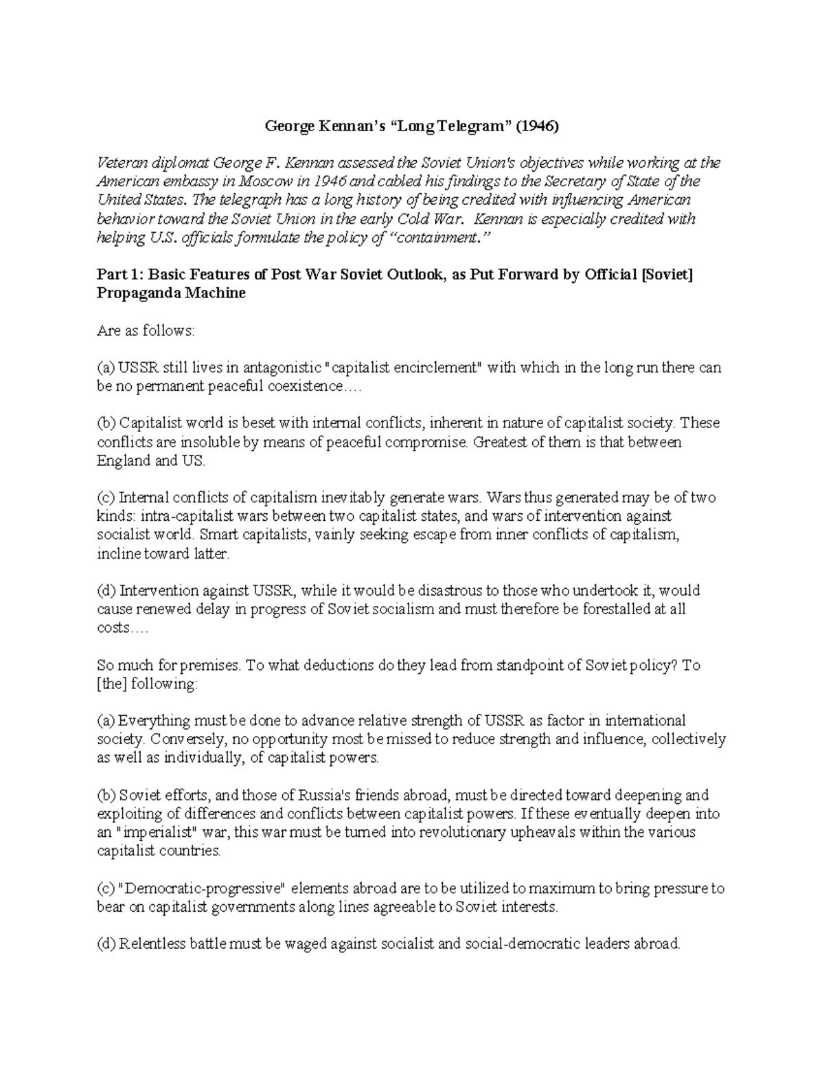 Long Telegram - George Kennan - George Kennan’s “Long Telegram” (1946 ...
