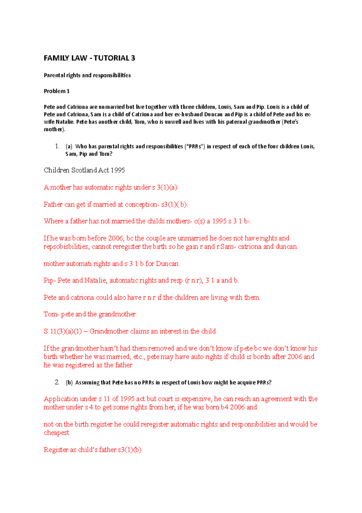 Family Law - Tutorial 3 - FAMILY LAW - TUTORIAL 3 Parental rights and ...