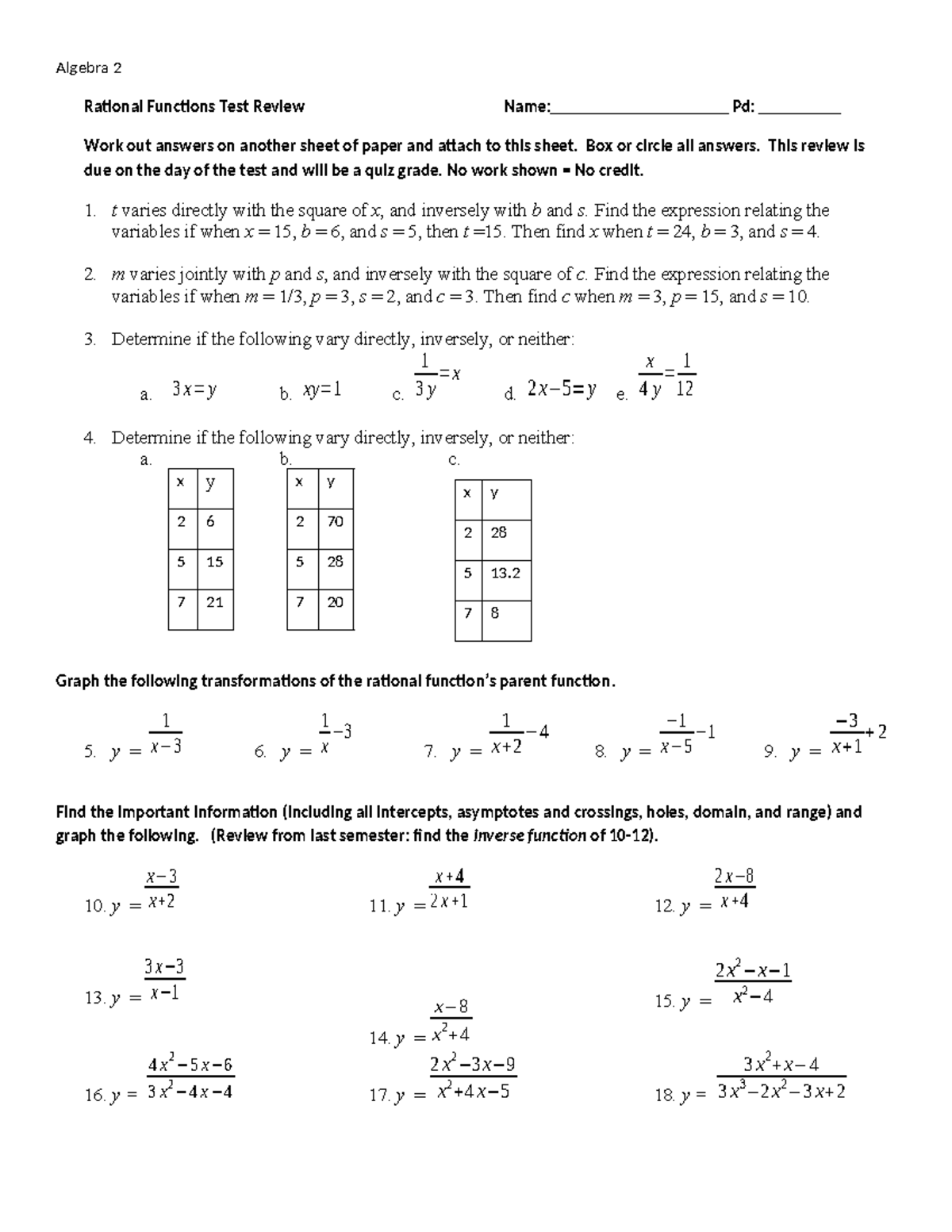 Alg 2 Rational Functions Test Review and Key - Rational Functions Test ...