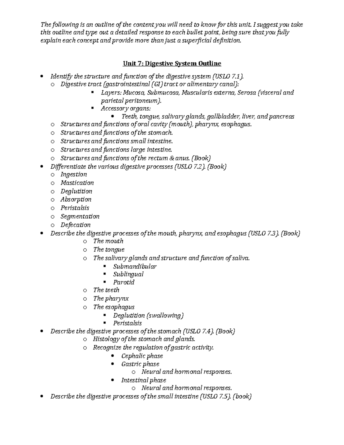 Unit 7 Digestive System Outline - The following is an outline of the ...