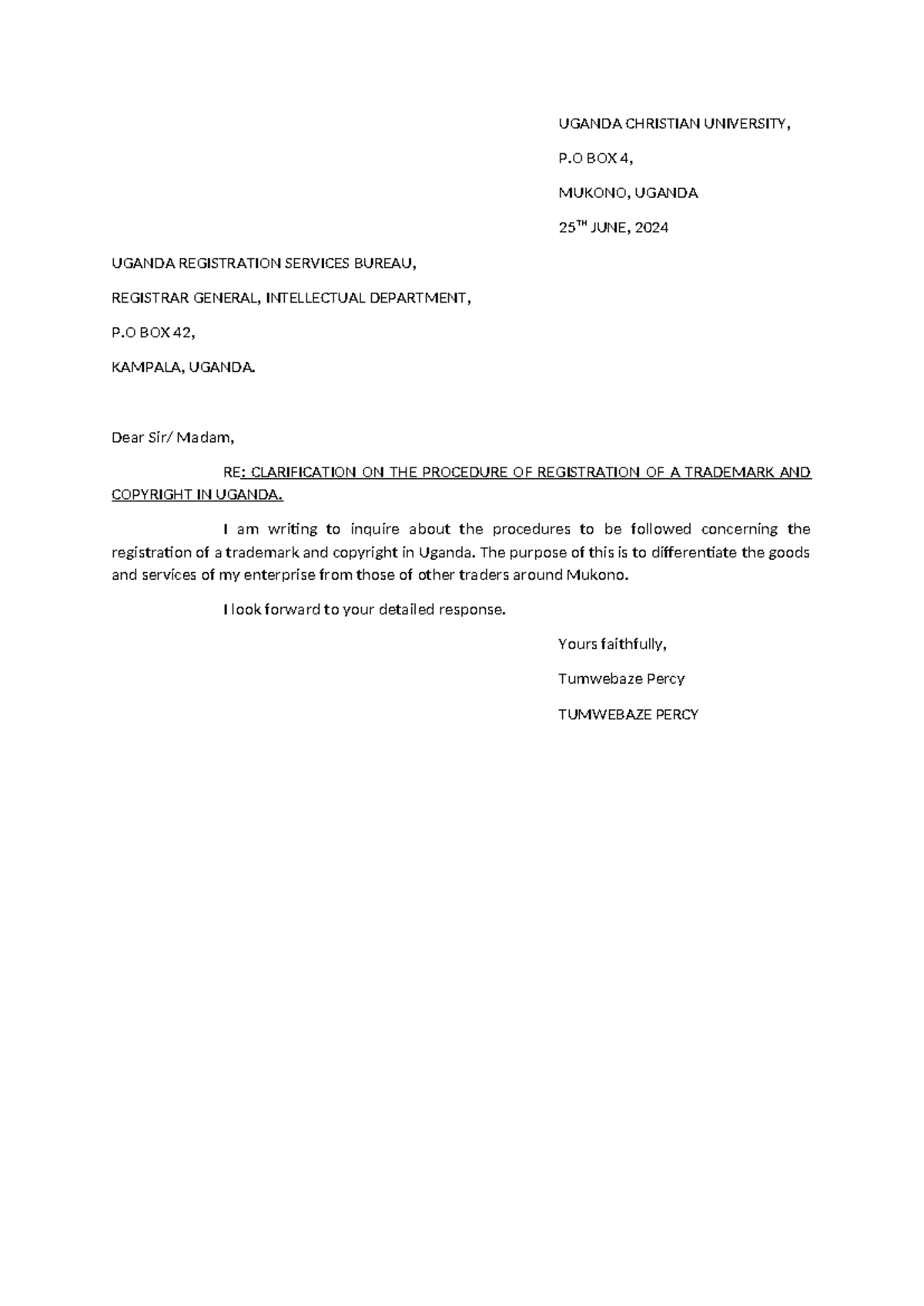 Percy Legal Letter - UGANDA CHRISTIAN UNIVERSITY, P BOX 4, MUKONO ...