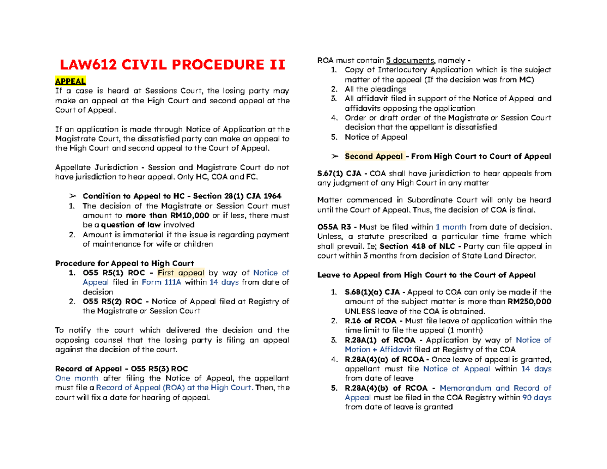 LAW612 Civil Procedure Finals Notes - LAW 612 CIVIL PROCEDURE II APPEAL ...
