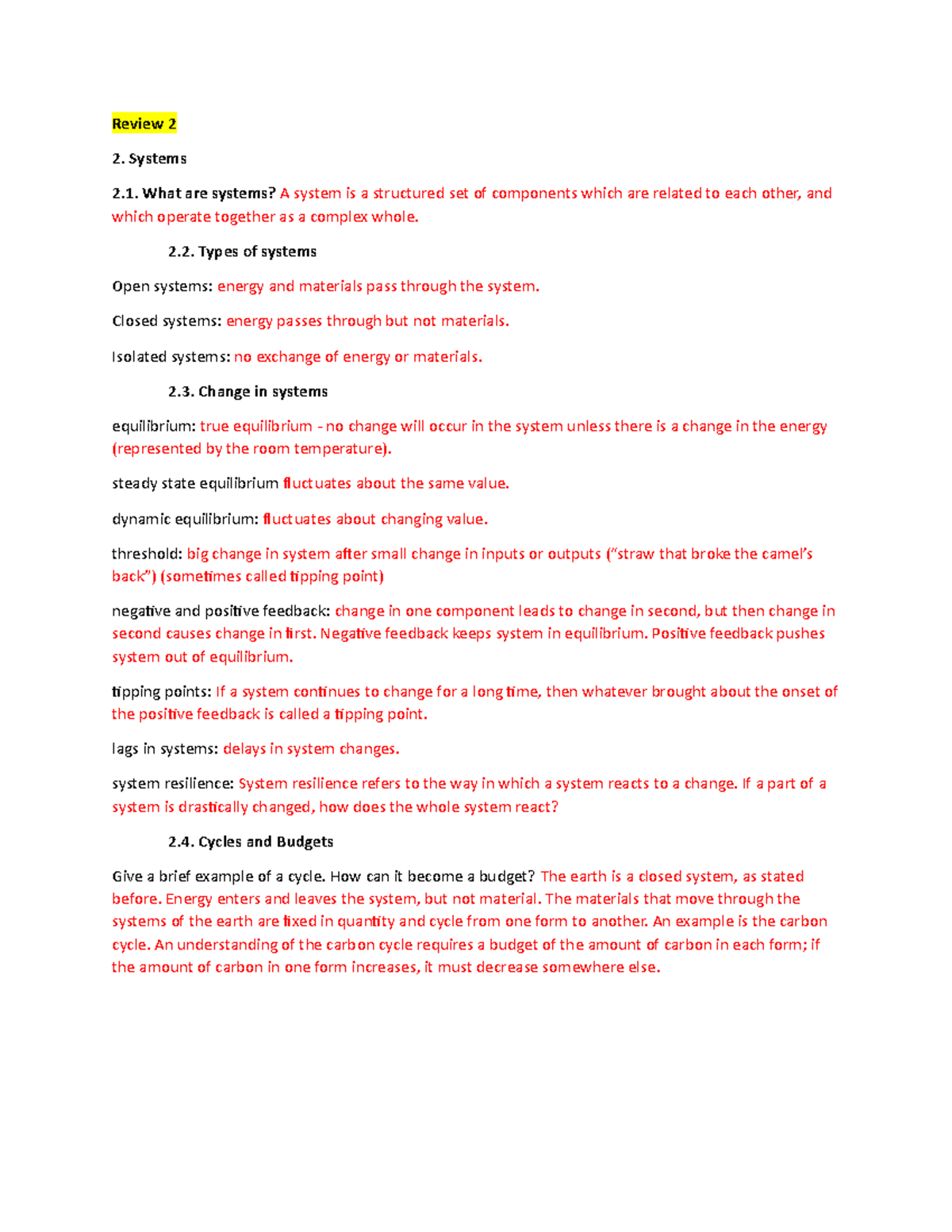 Geography lecture notes 2 - Review 2 Systems What are systems? A system ...