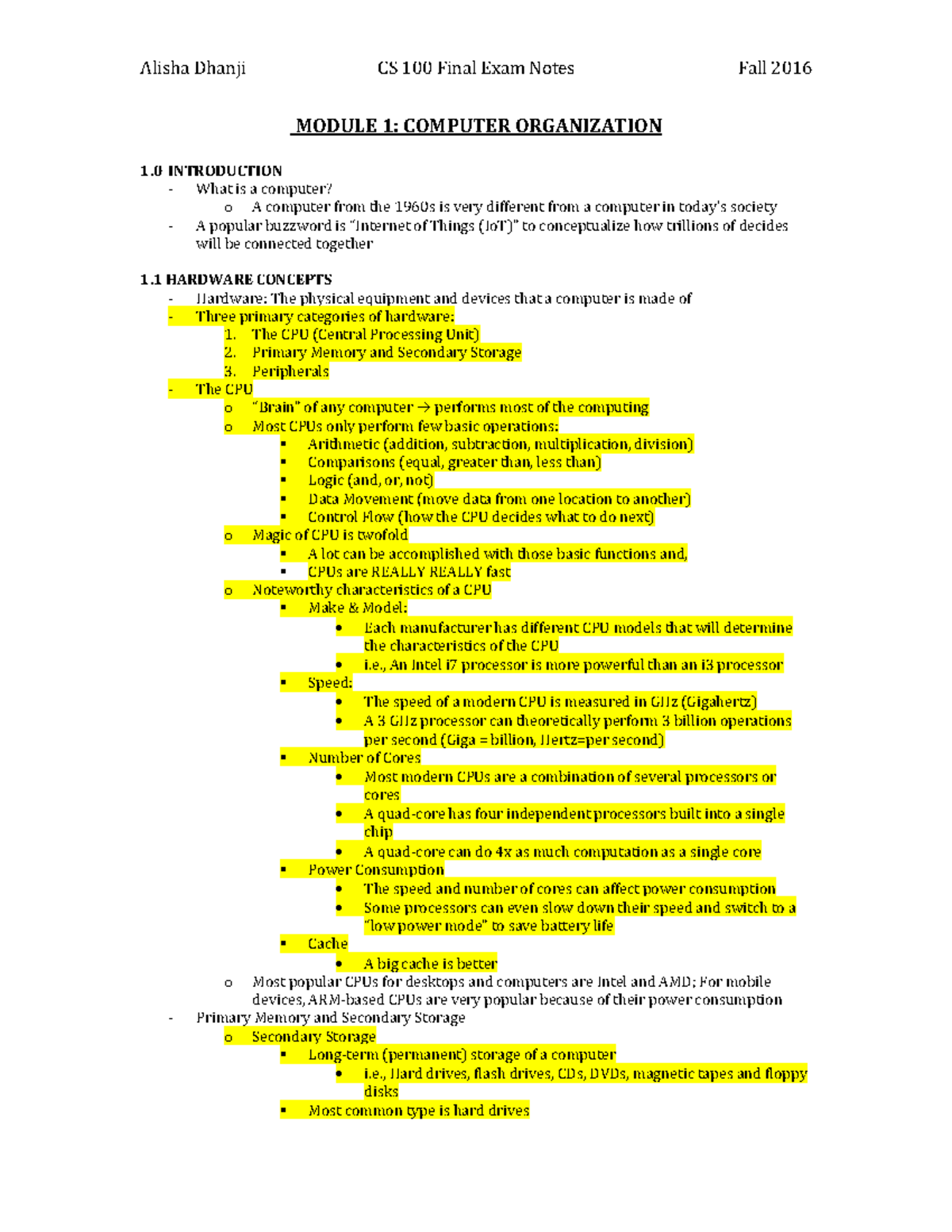 CS 100 final review - Lecture notes - MODULE 1: COMPUTER ORGANIZATION 1 ...