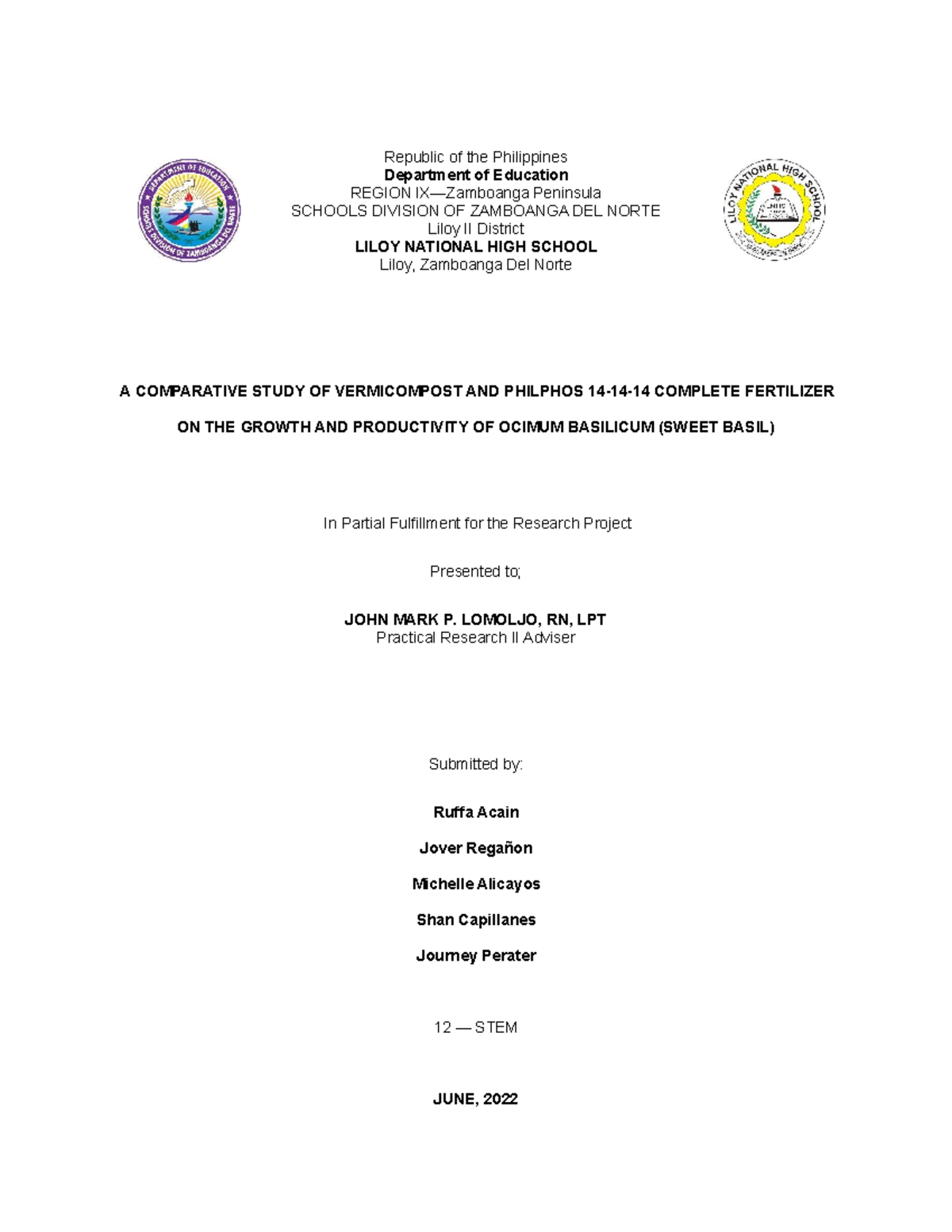 Research Project - Republic of the Philippines REGION IX—Zamboanga ...