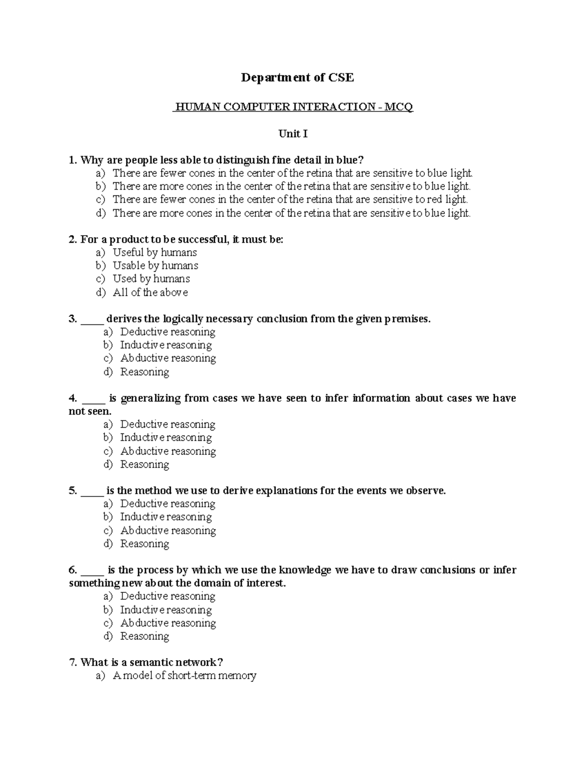 HCI MCQ - hci mcq - Department of CSE HUMAN COMPUTER INTERACTION - MCQ Unit I Why are people ...