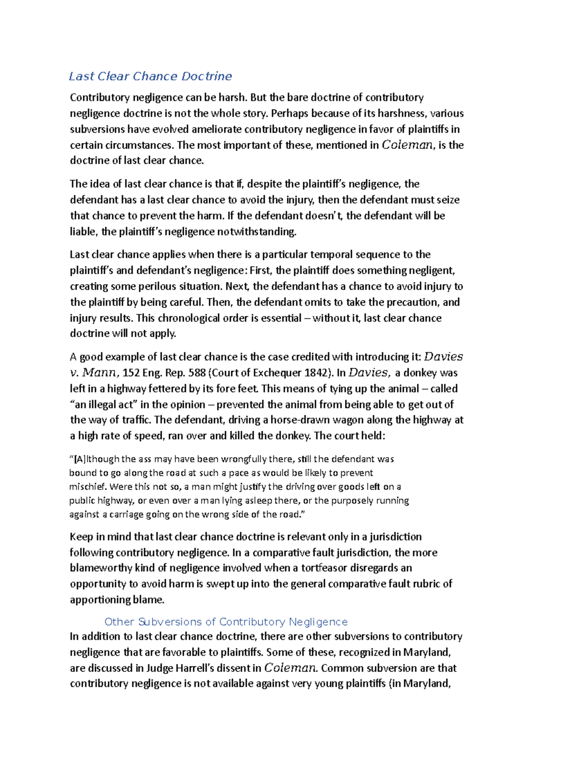 Tort law m73 - Tort law - Last Clear Chance Doctrine Contributory ...