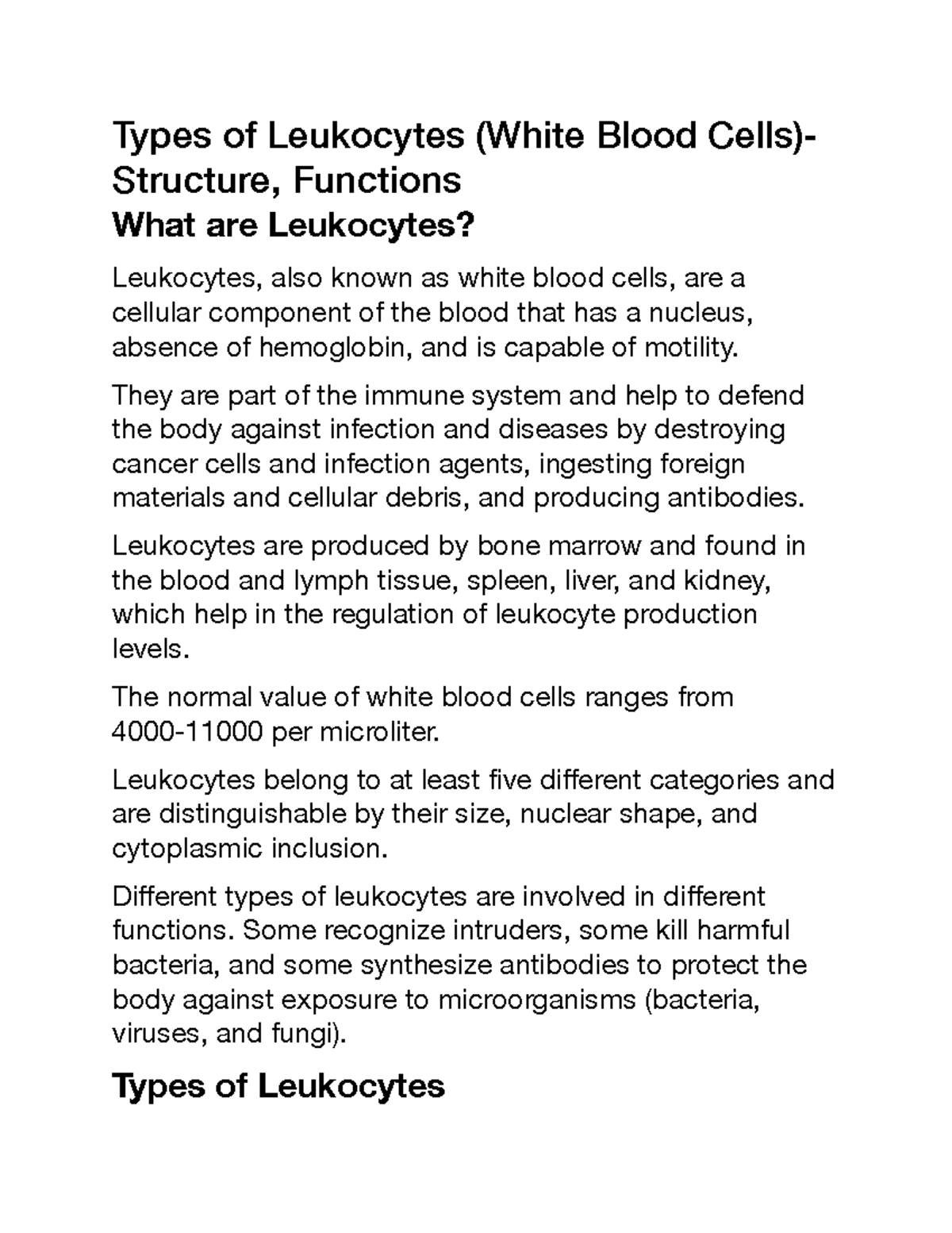 Bio 2 - Notes - Types of Leukocytes (White Blood Cells)- Structure ...