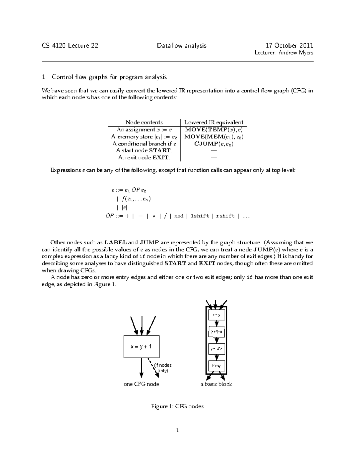Lecture Notes Lecture 22 Cs 4120 Lecture 22 Dataflow Analysis 17 October 2011 Lecturer