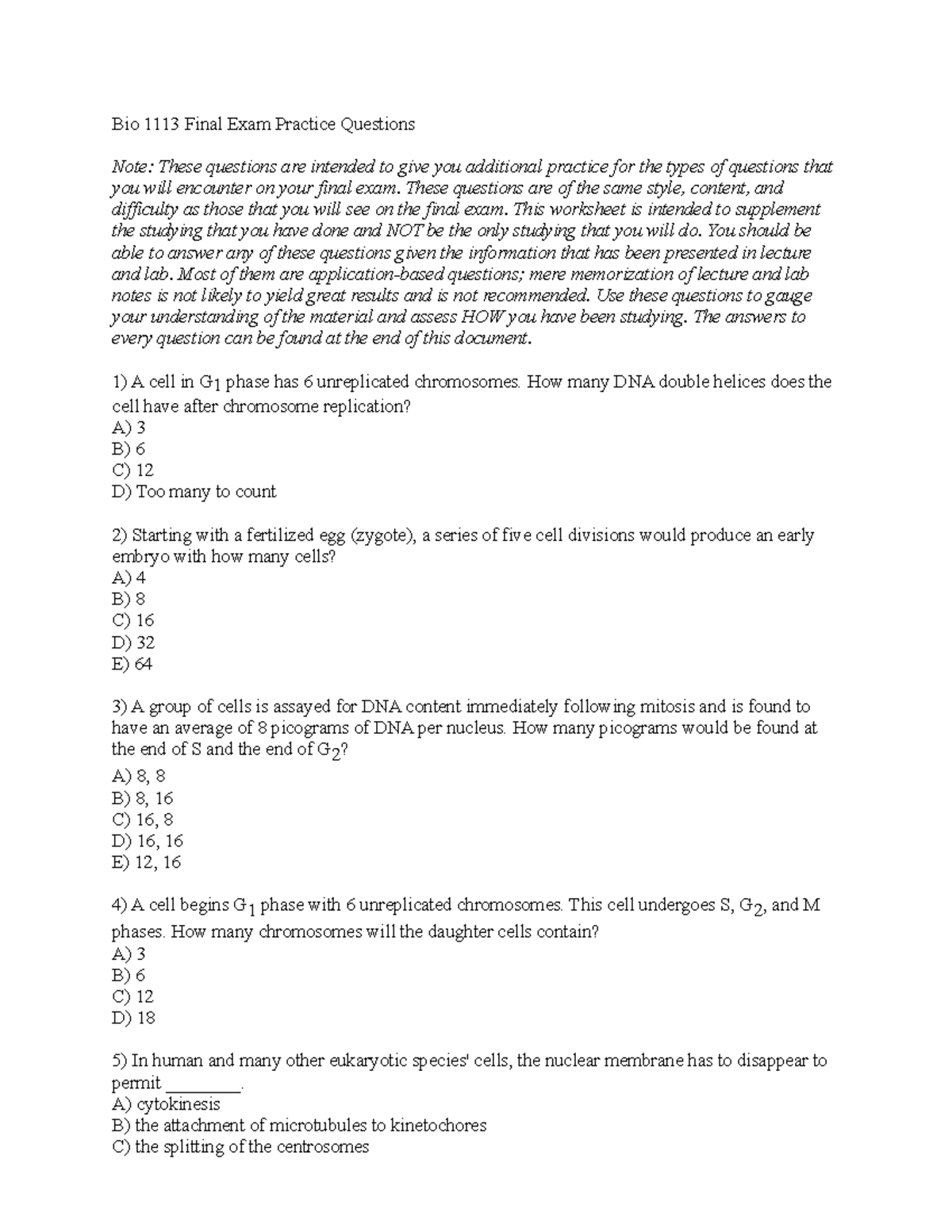 Final Exam Practice Exam - Bio 1113 Final Exam Practice Questions Note ...
