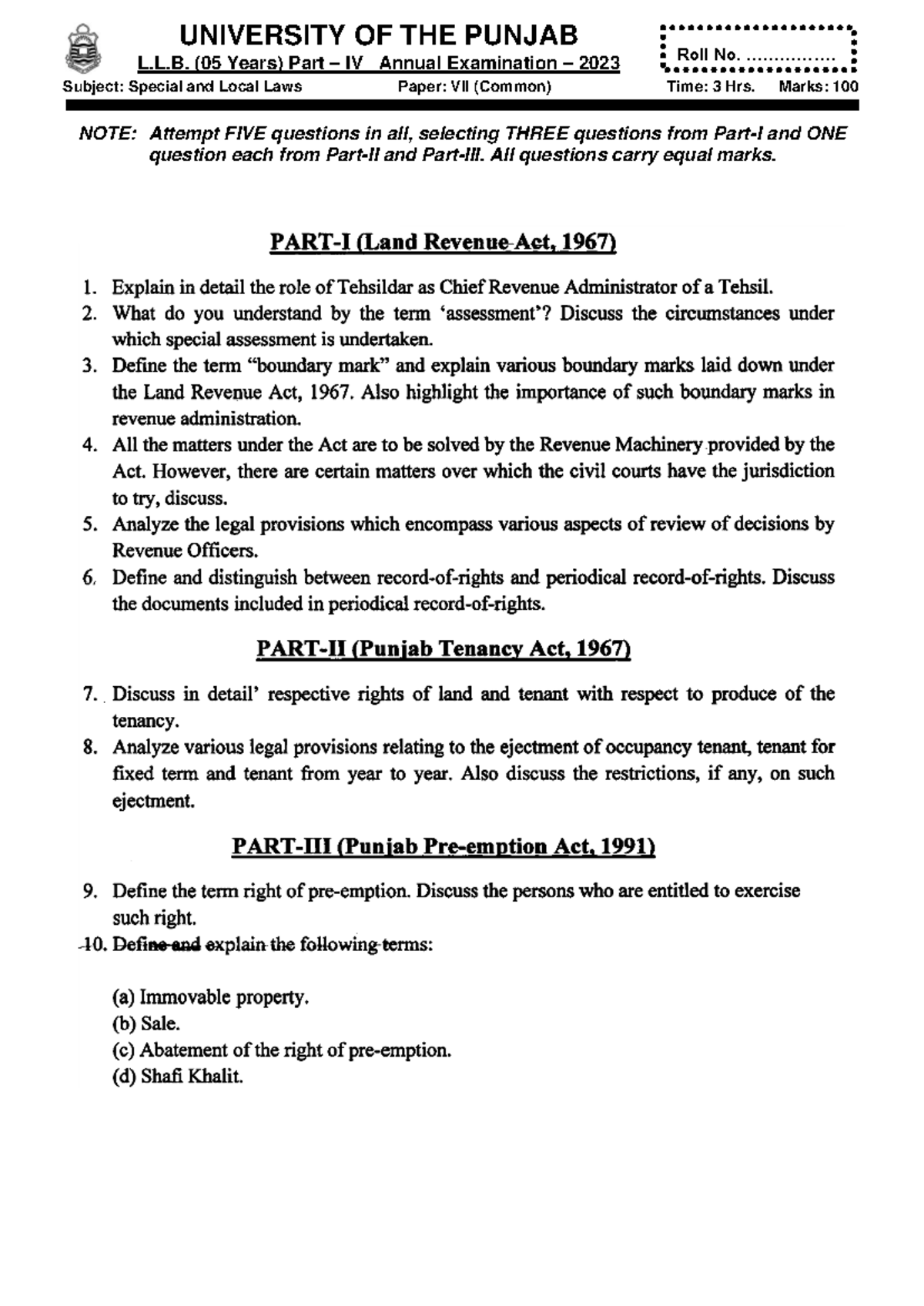 LLB PIV 5Year Paper 7 - NOTE: Attempt FIVE questions in all, selecting THREE questions from Part ...