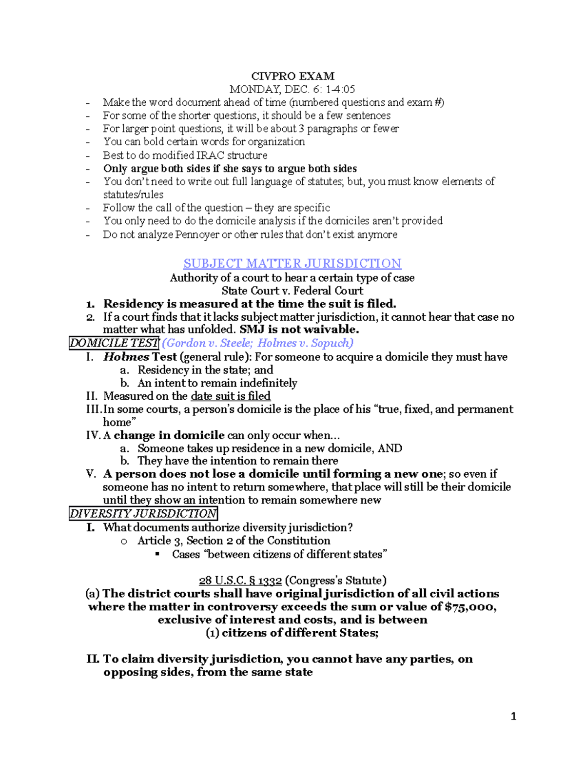 Civil Procedure I Outline - CIVPRO EXAM MONDAY, DEC. 6: 1-4: - Make the ...