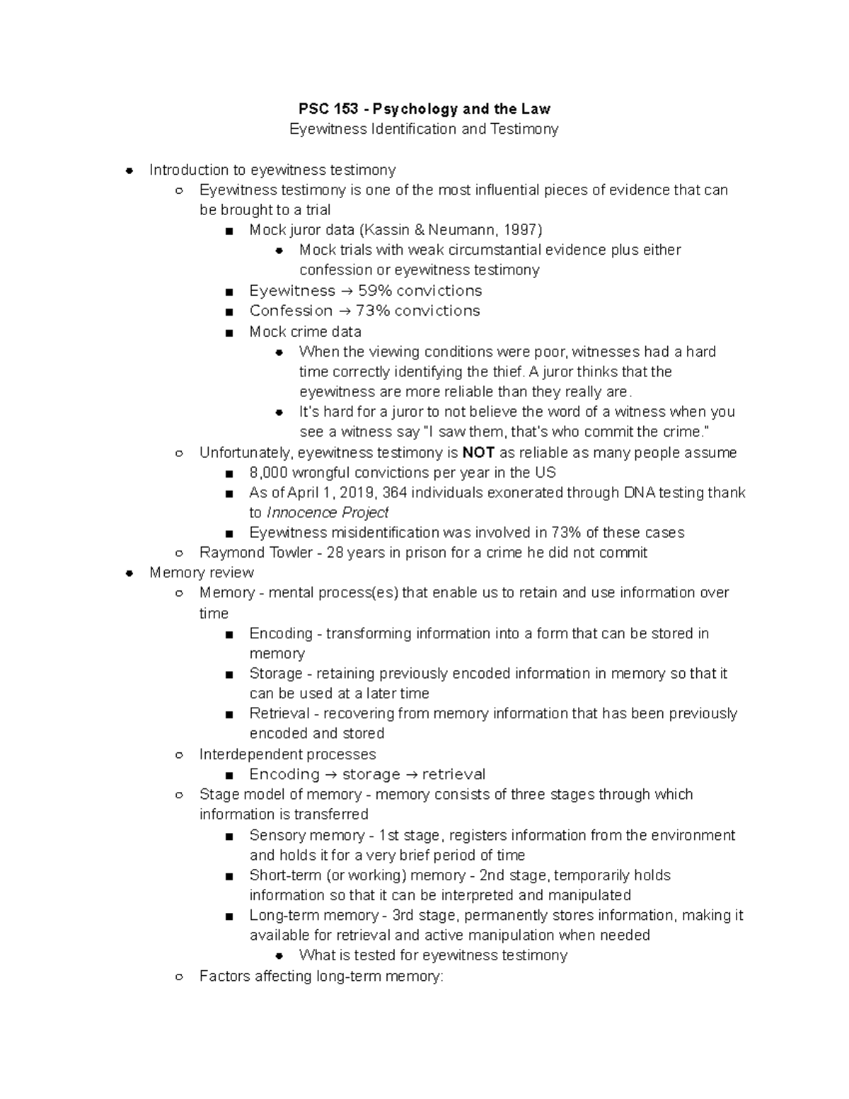 PSC153 - Lecture 11 - PSC 153 - Psychology and the Law Eyewitness ...