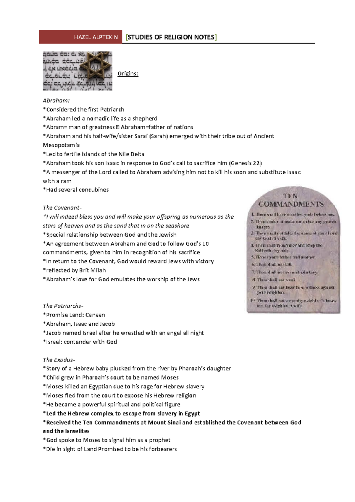 2019 P SOR Judaism Notes - Origins: Abraham: *Considered the first ...