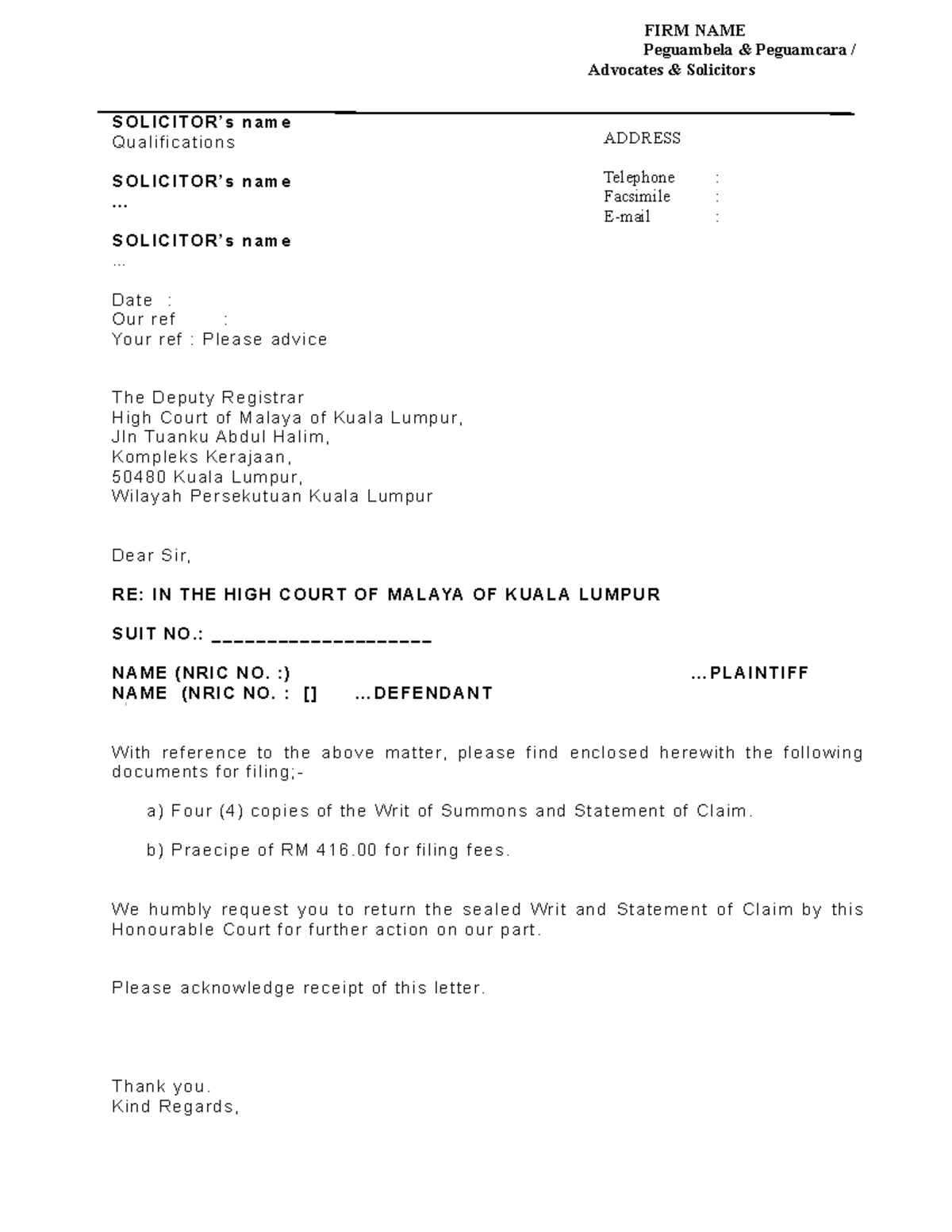 Cover letter to Court - SOLICITOR’s name Qualifications SOLICITOR’s ...