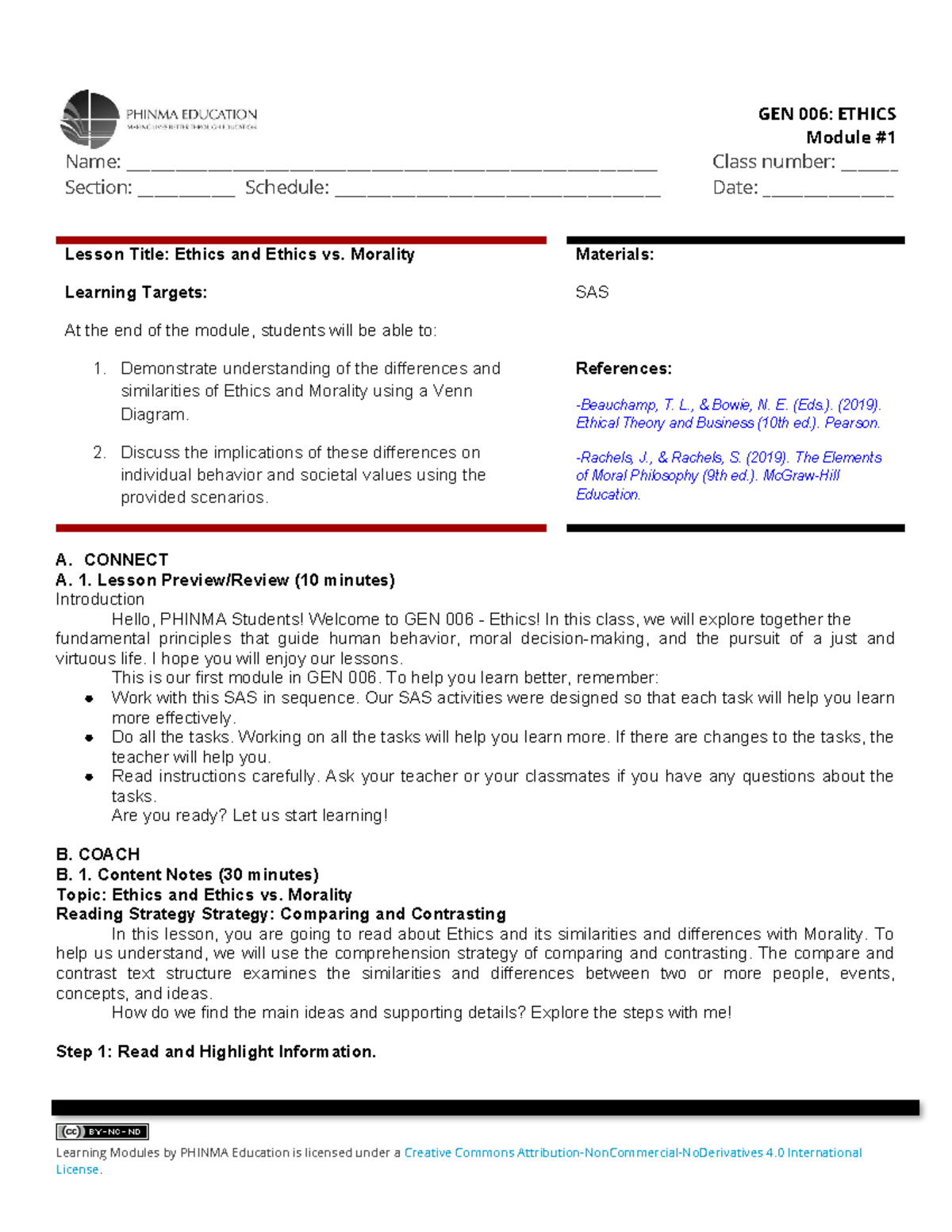 GEN 006 SAS 1 - Modules for Ethics - Module # 1 Name: - Studocu