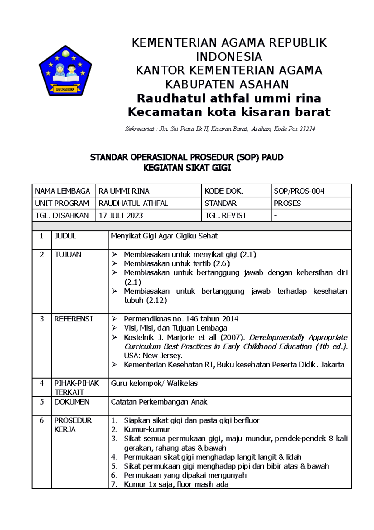 4 SOP PAUD Kegiatan Sikat GIGI - KEMENTERIAN AGAMA REPUBLIK INDONESIA ...