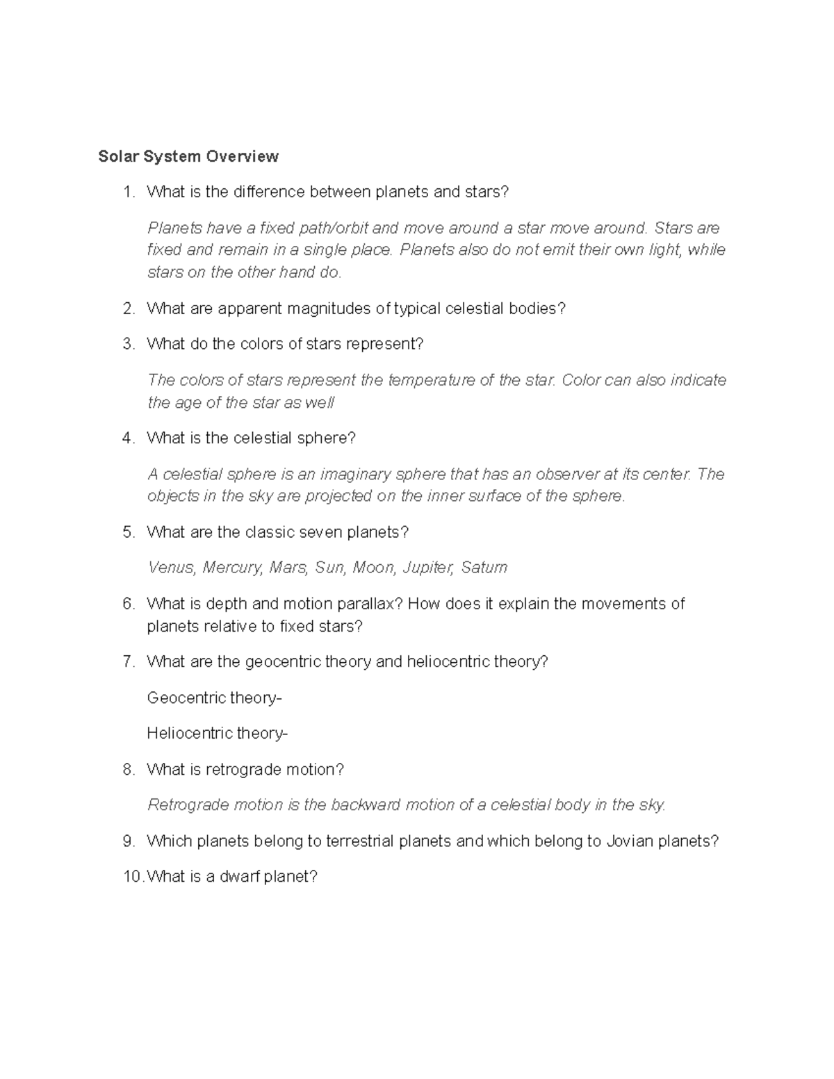Solar System Review Questions - Google Docs - Solar System Overview 1 ...
