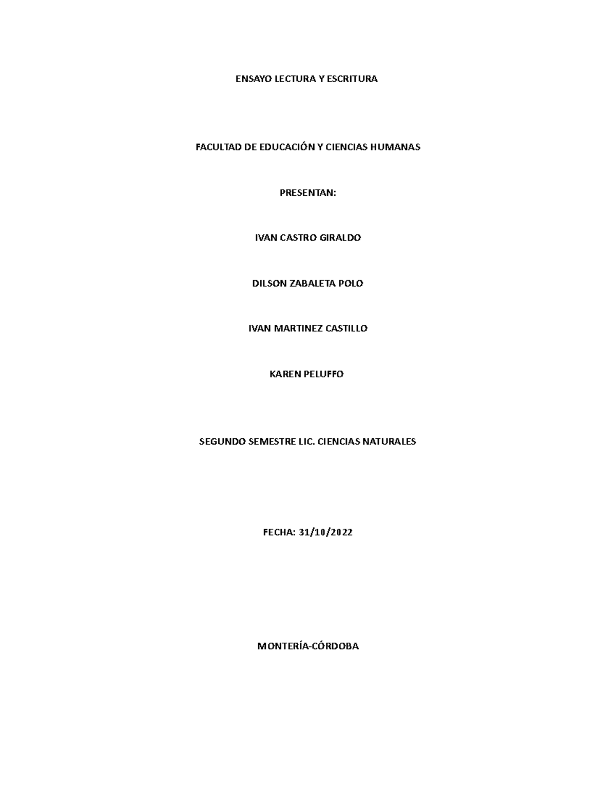 Ensayo de lectura - ENSAYO LECTURA Y ESCRITURA FACULTAD DE EDUCACIÓN Y ...