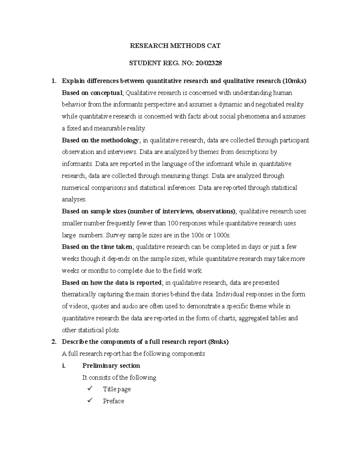 Research Methods CAT - RESEARCH METHODS CAT STUDENT REG. NO: 20 ...