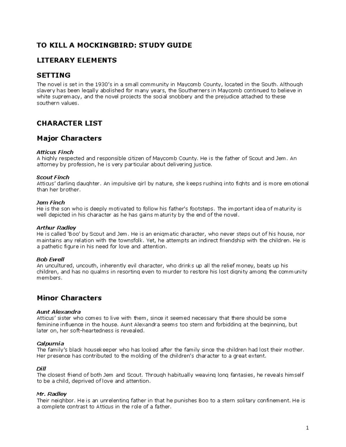 To kill a mockingbird study guide - TO KILL A MOCKINGBIRD: STUDY GUIDE ...