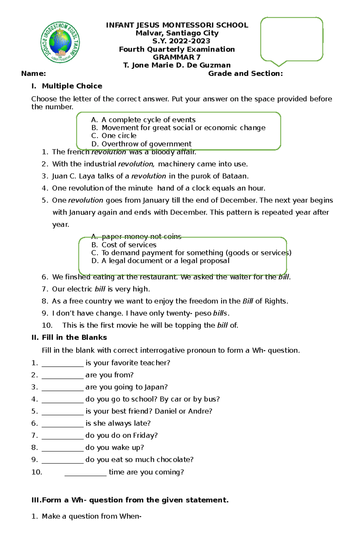 Grammar 7 Module 8 Examination - INFANT JESUS MONTESSORI SCHOOL Malvar ...