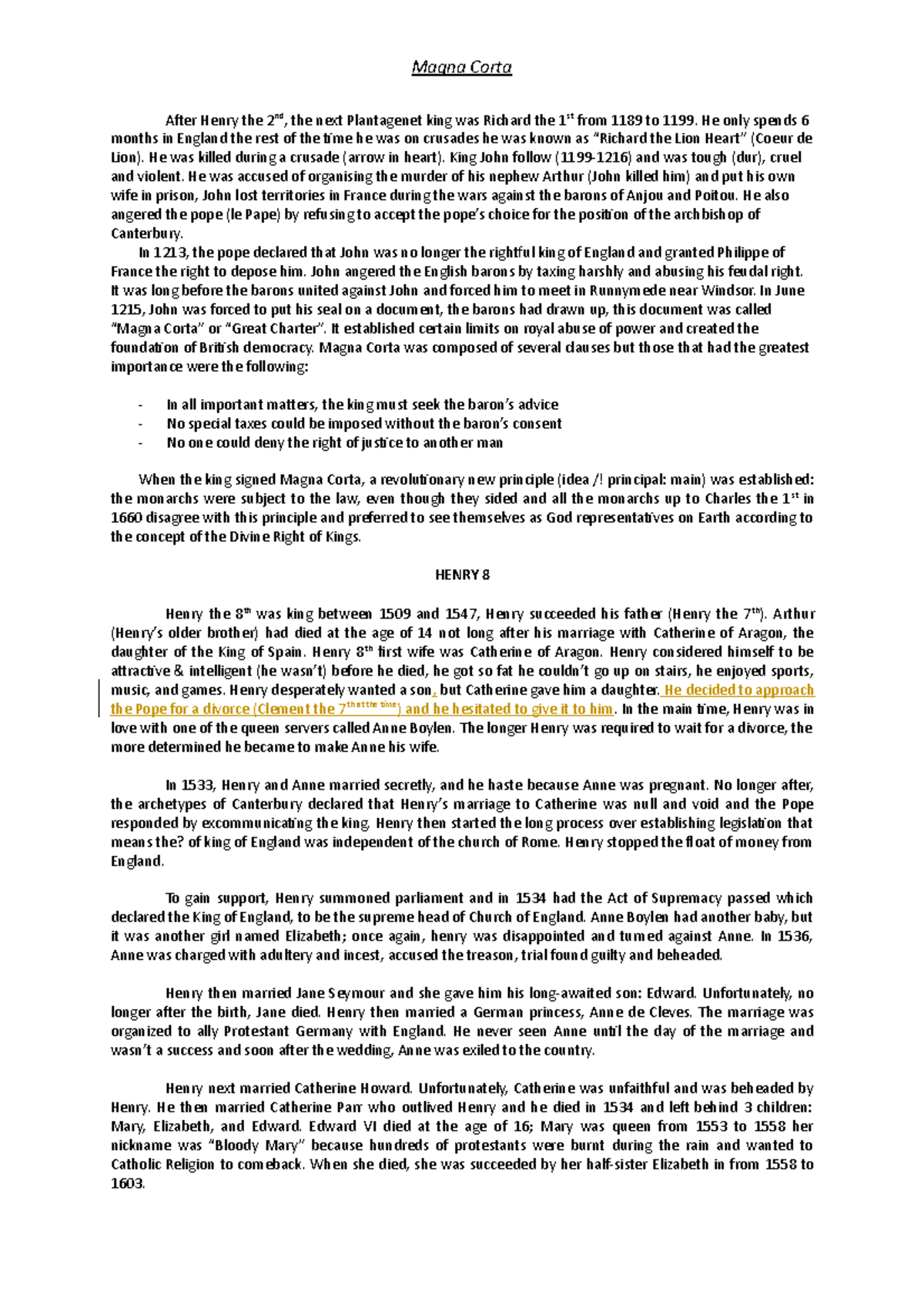 Anglais British Civilisation - Magna Carter - Magna Corta After Henry ...