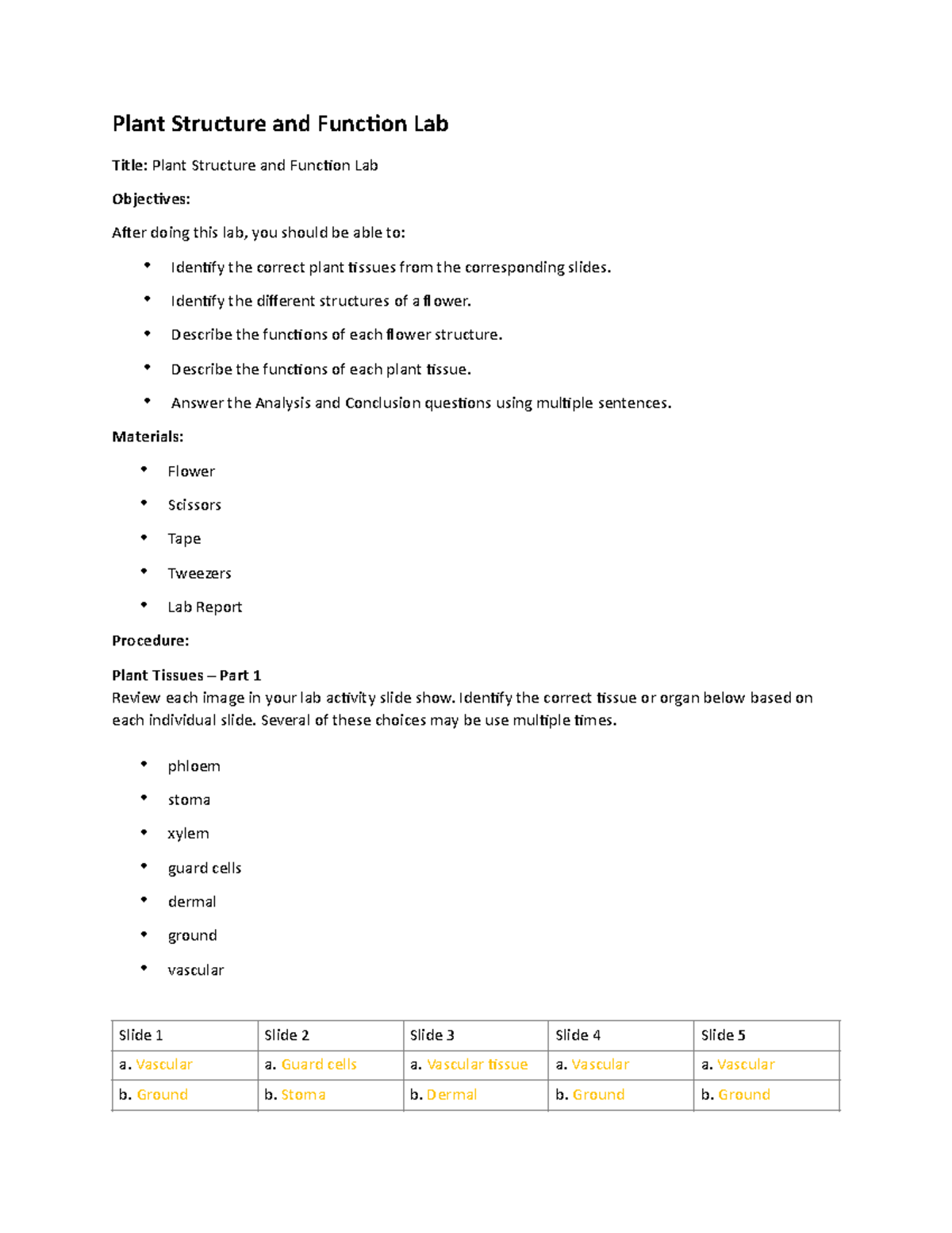 Virtual plants lab report - Plant Structure and Funcon Lab Title: Plant Structure and Funcon Lab ...