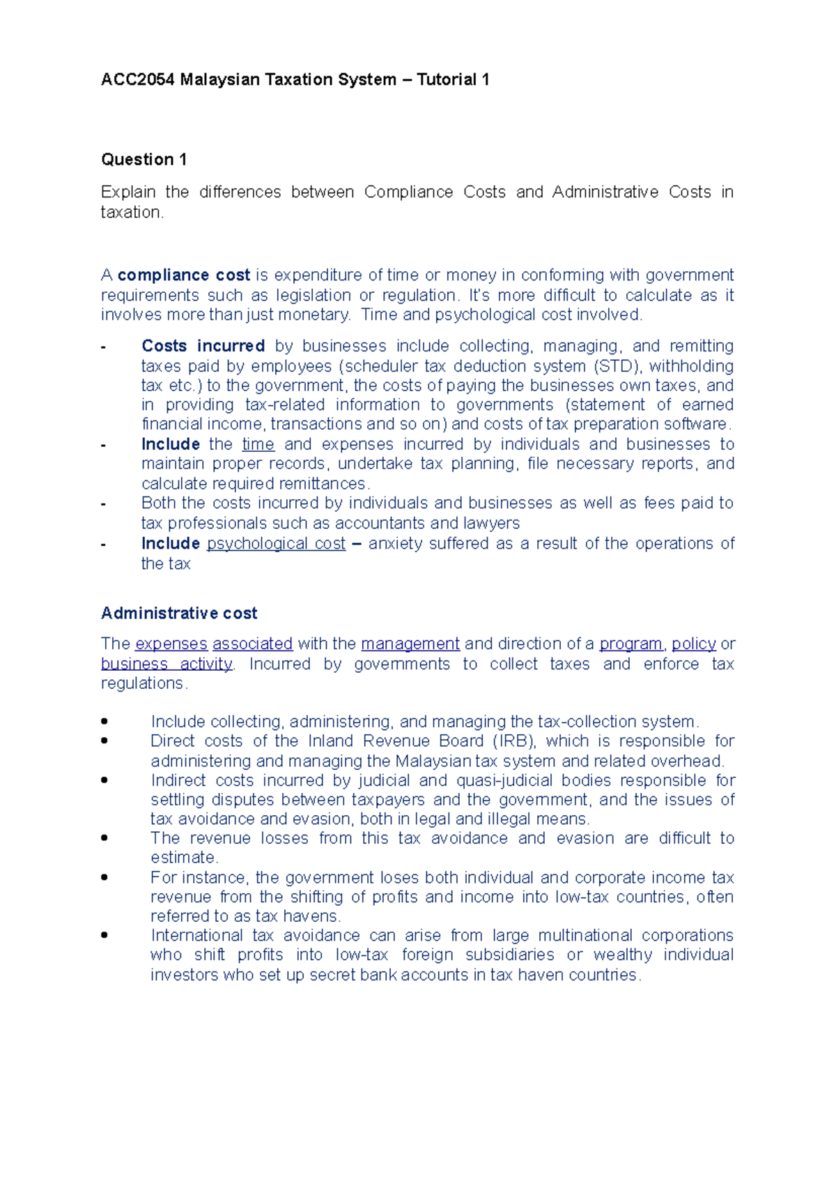 ACC2054 MTS Tutorial 1 A - ACC2054 Malaysian Taxation System – Tutorial 1 Question 1 Explain the ...