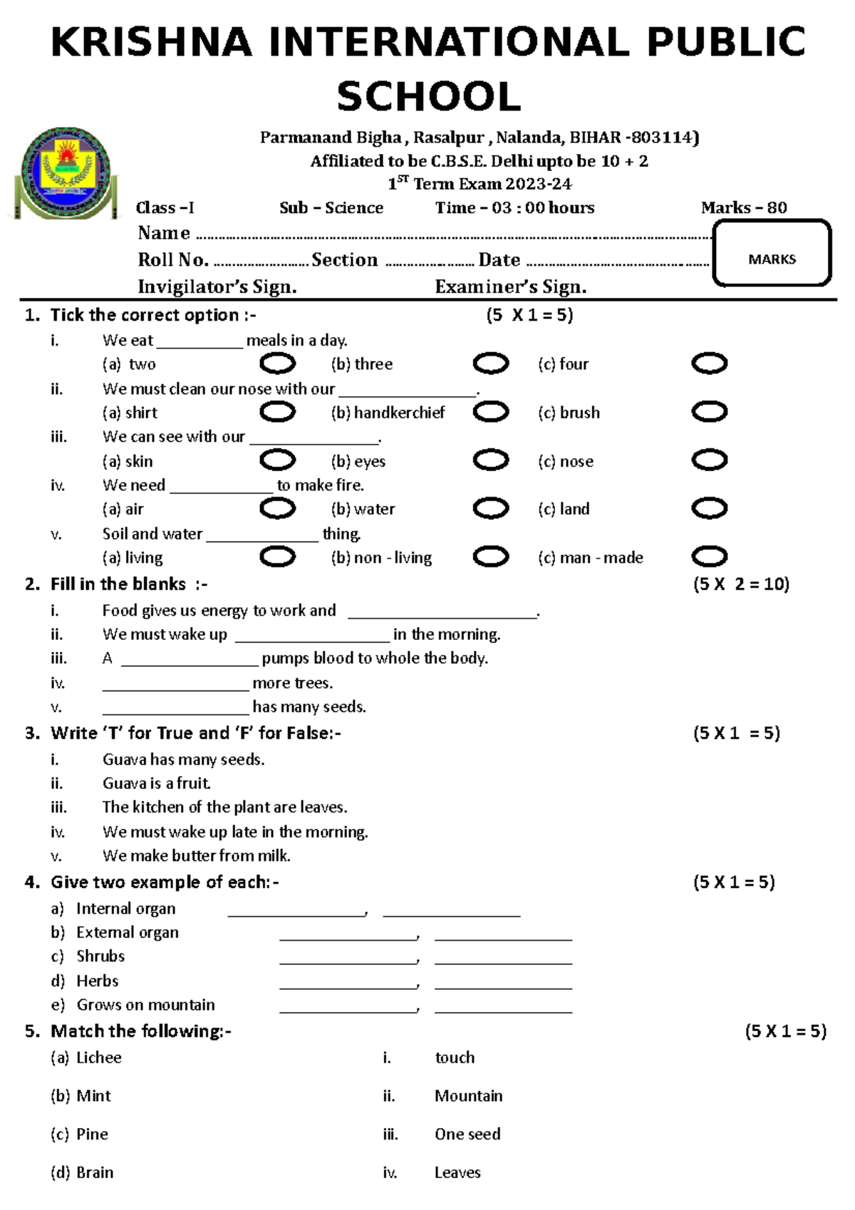 1 Science - KRISHNA INTERNATIONAL PUBLIC SCHOOL Parmanand Bigha ...
