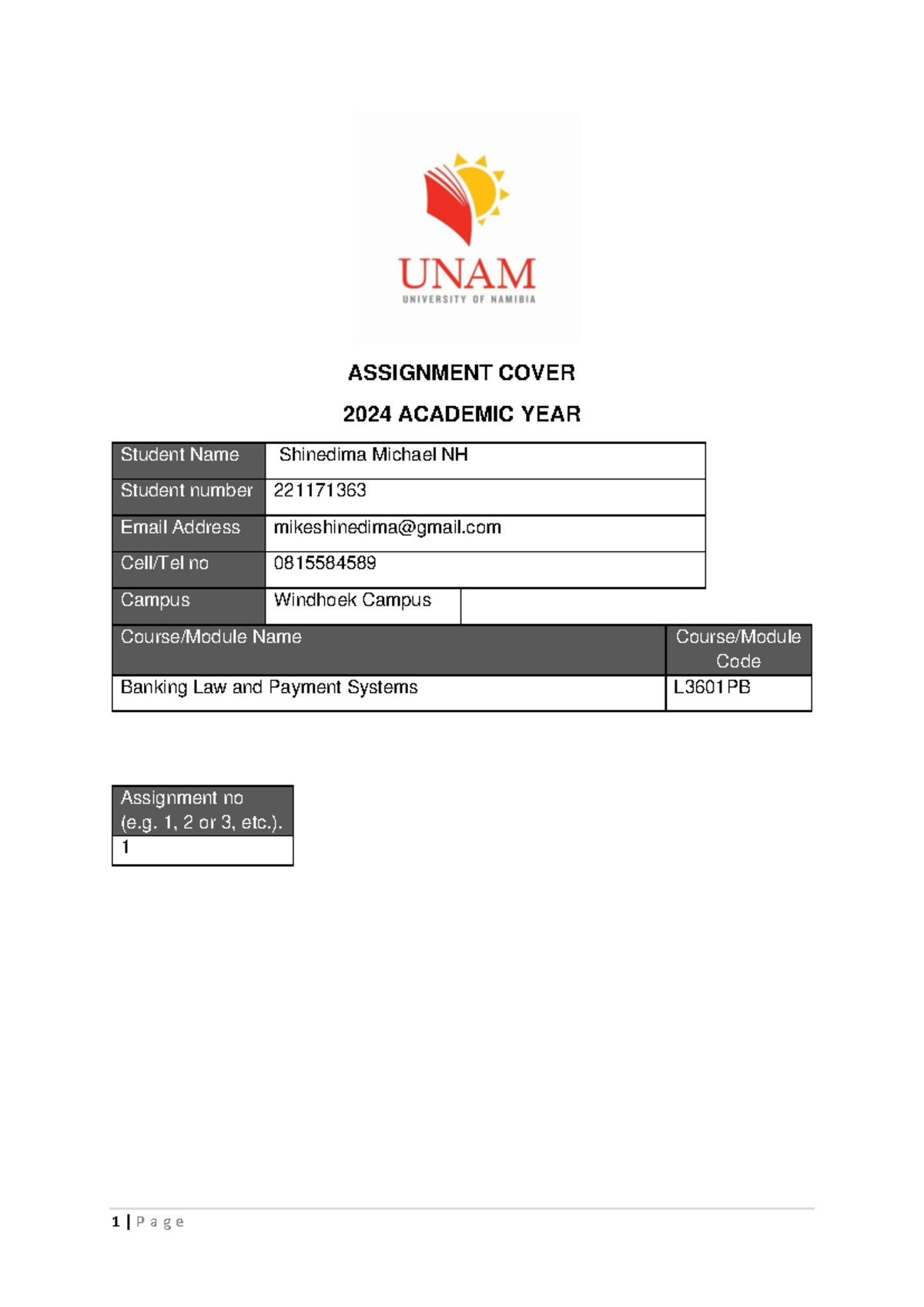 Bank and payment asss - ASSIGNMENT COVER 2024 ACADEMIC YEAR Course ...