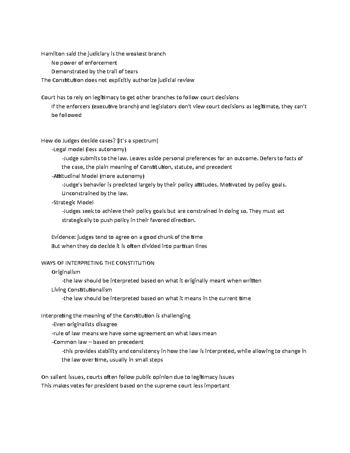 Courts - In class notes - Hamilton said the judiciary is the weakest ...
