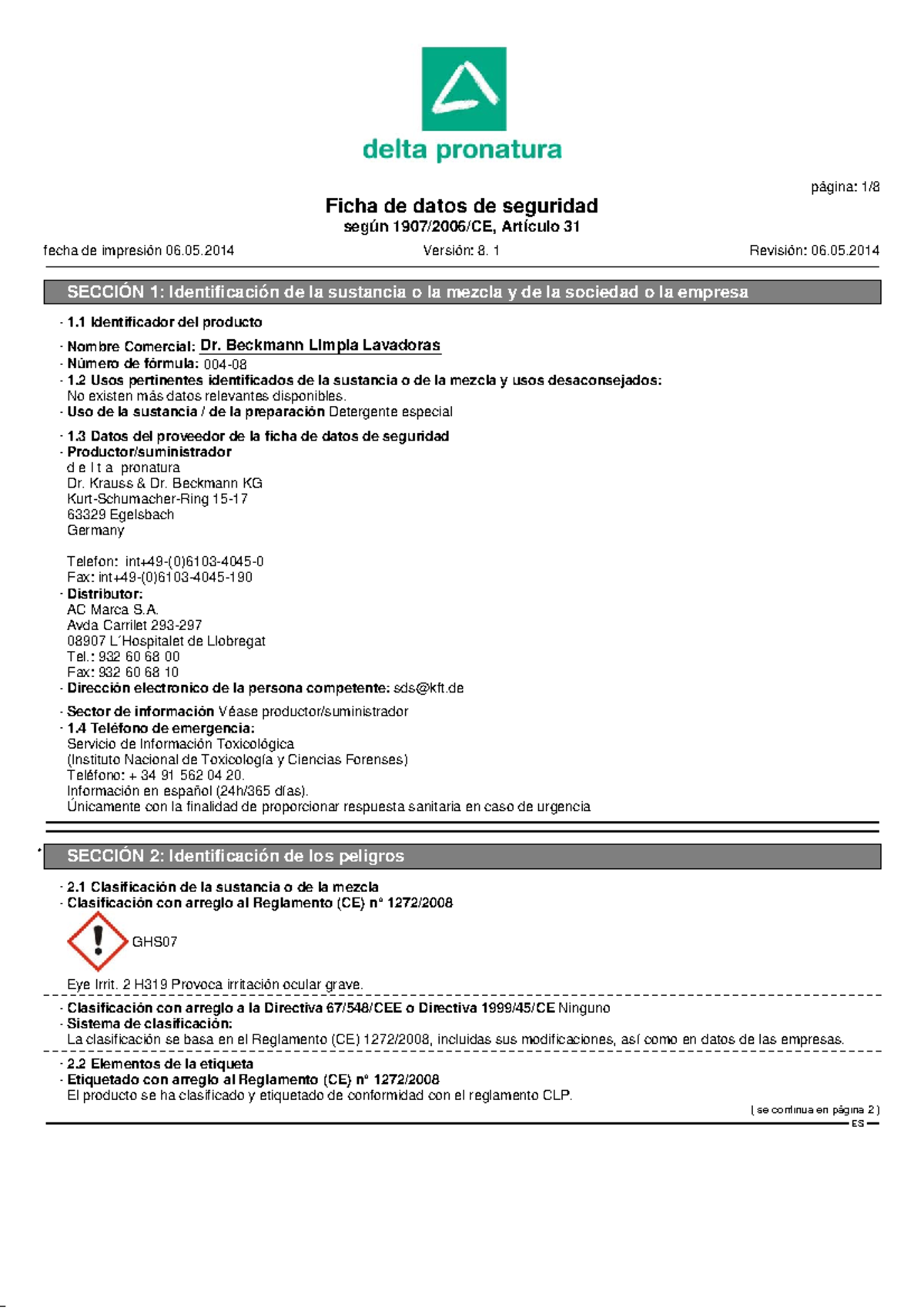 FDS Dr Beckmann Limpia Lavadoras 06 - Ficha de datos de seguridad según ...