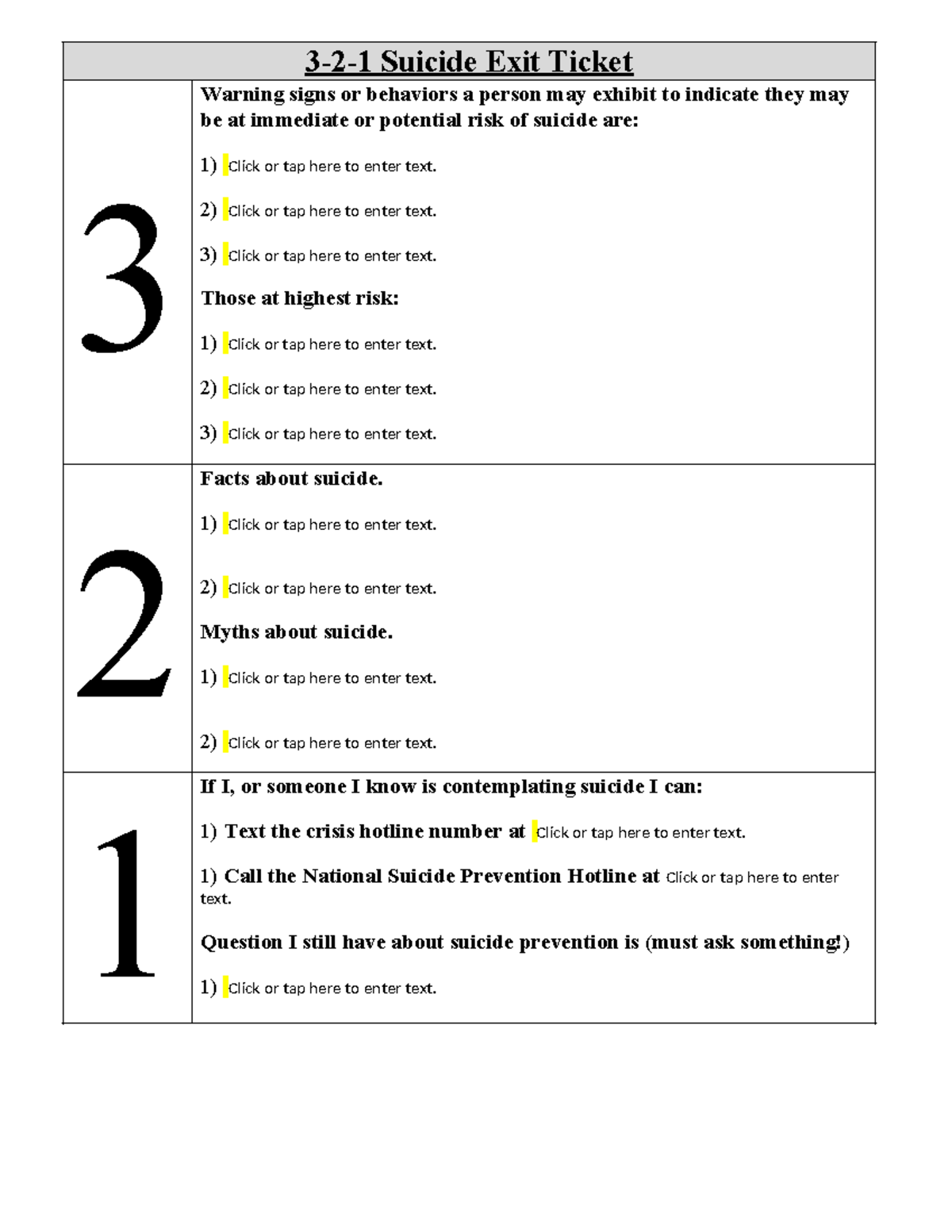 3 2 1 Exit Ticket (Updated) - 3-2-1 Suicide Exit Ticket 3 Warning signs ...